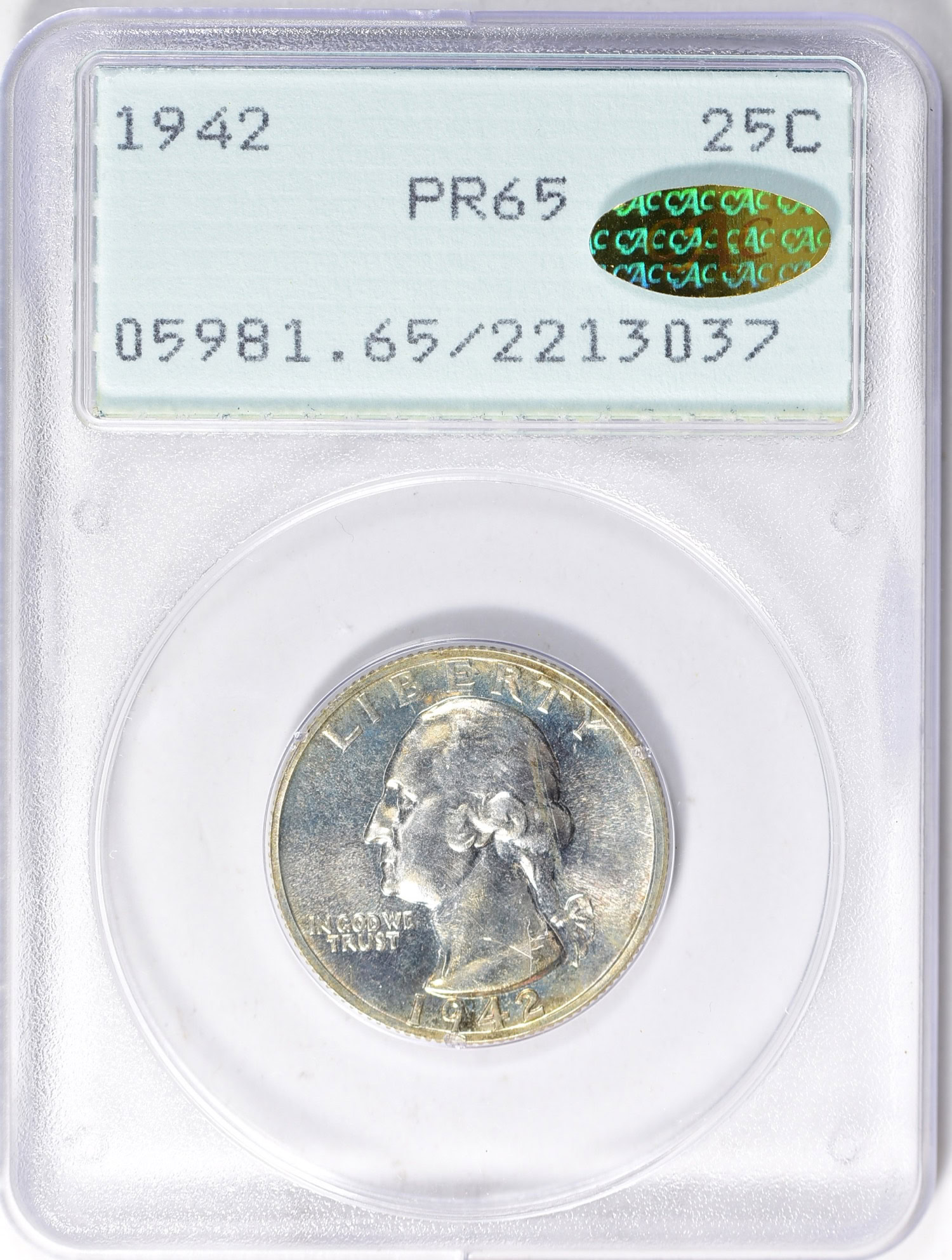 1942 Washington Quarter PCGS Proof-65 (CAC Gold) OGH (1st Gen) (Toned) (Item 1622237 ...