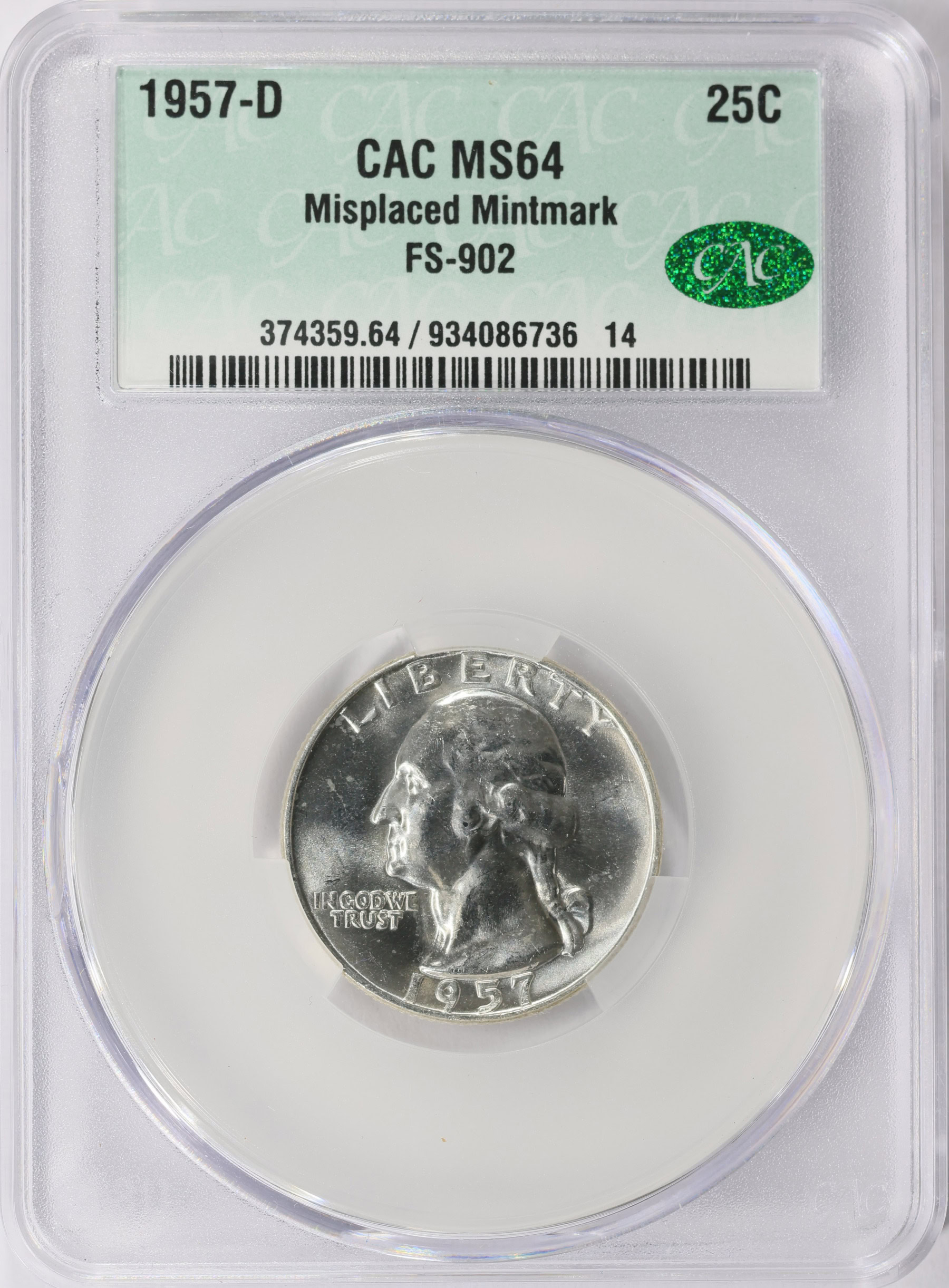 1957-D Washington Quarter Misplaced Mintmark FS-902 CACG MS-64 (Item 1622664) | GreatCollections ...