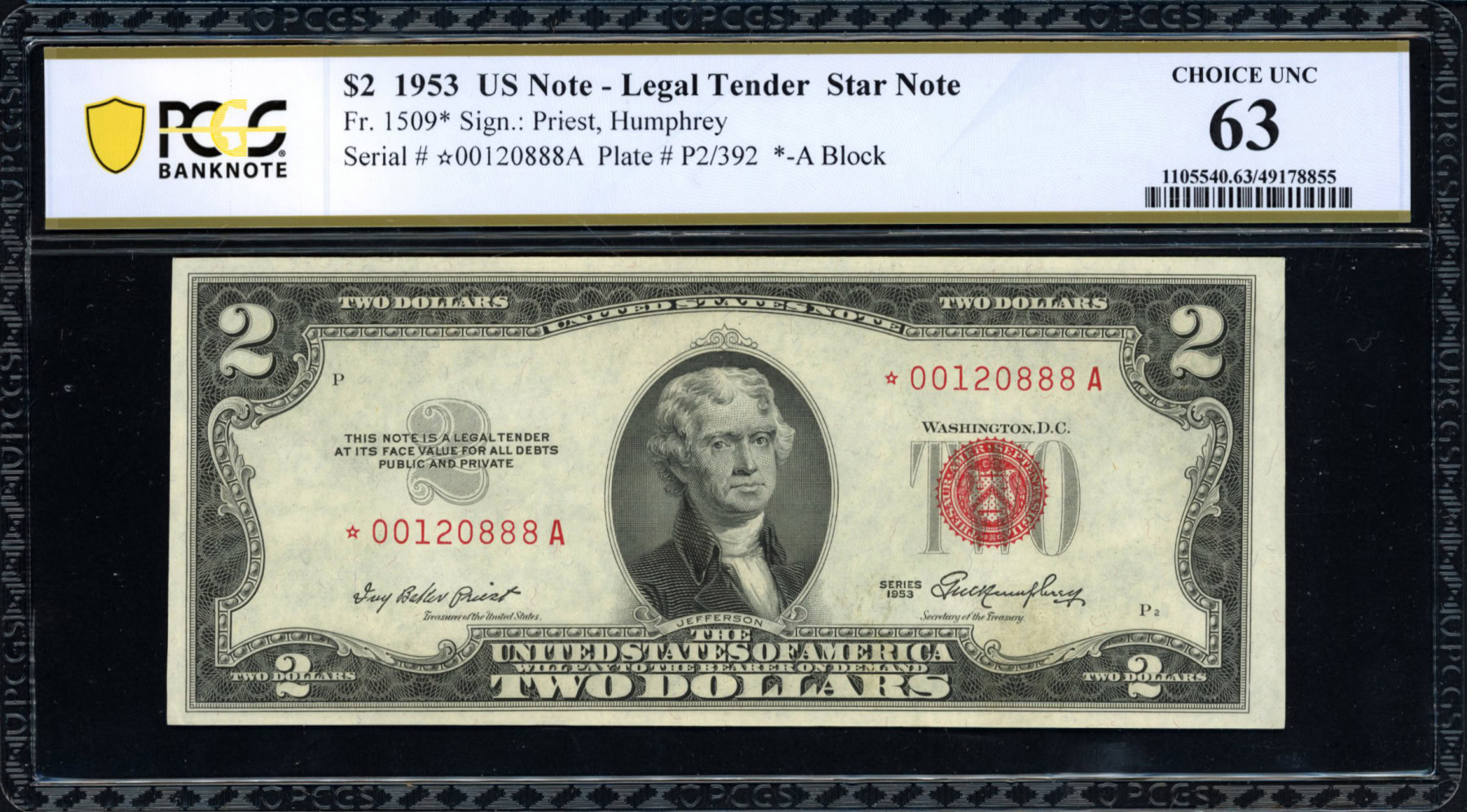 Fr. 1509* (*A Block) 1953 $2 Legal Tender Star Note Priest / Humphrey ...