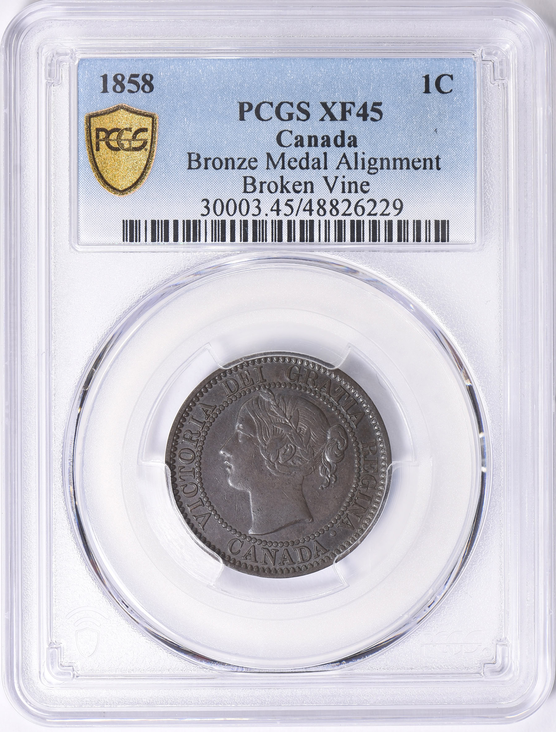 Canada 1858 Cent Bronze Medal Alignment, Broken Vine KM-1 PCGS XF-45 ...