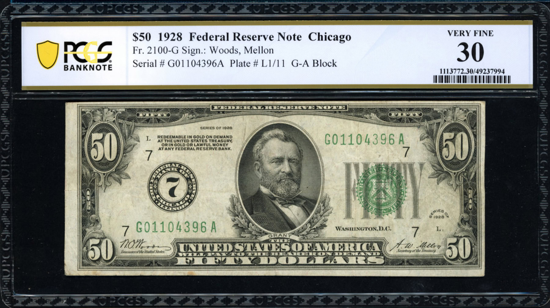 Fr. 2100-G (GA Block) 1928 $50 Chicago Federal Reserve Note Woods ...