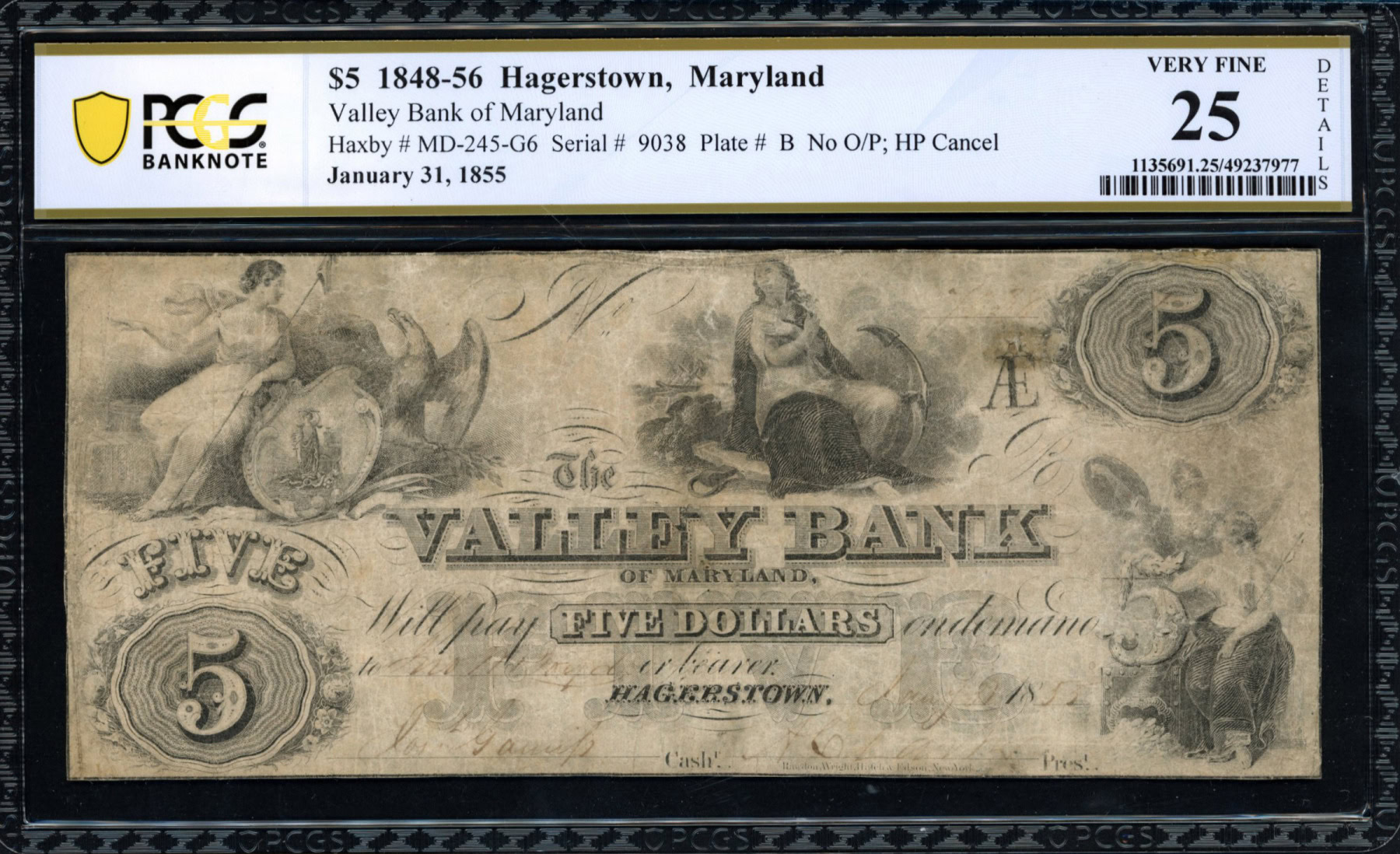 Jan. 31, 1855 Hagerstown, Maryland, Valley Bank of Maryland $5 Note ...