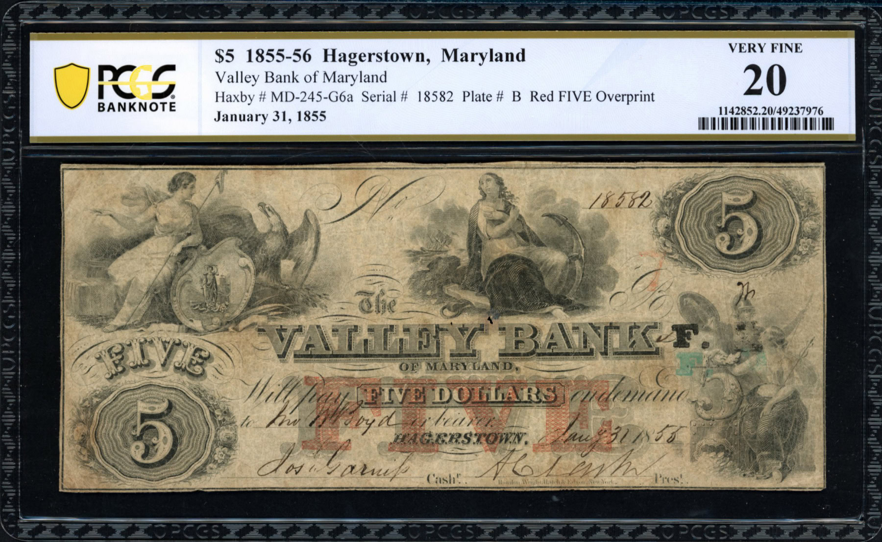 Jan. 31, 1855 Hagerstown, Maryland Valley Bank of Maryland $5 Note PCGS ...