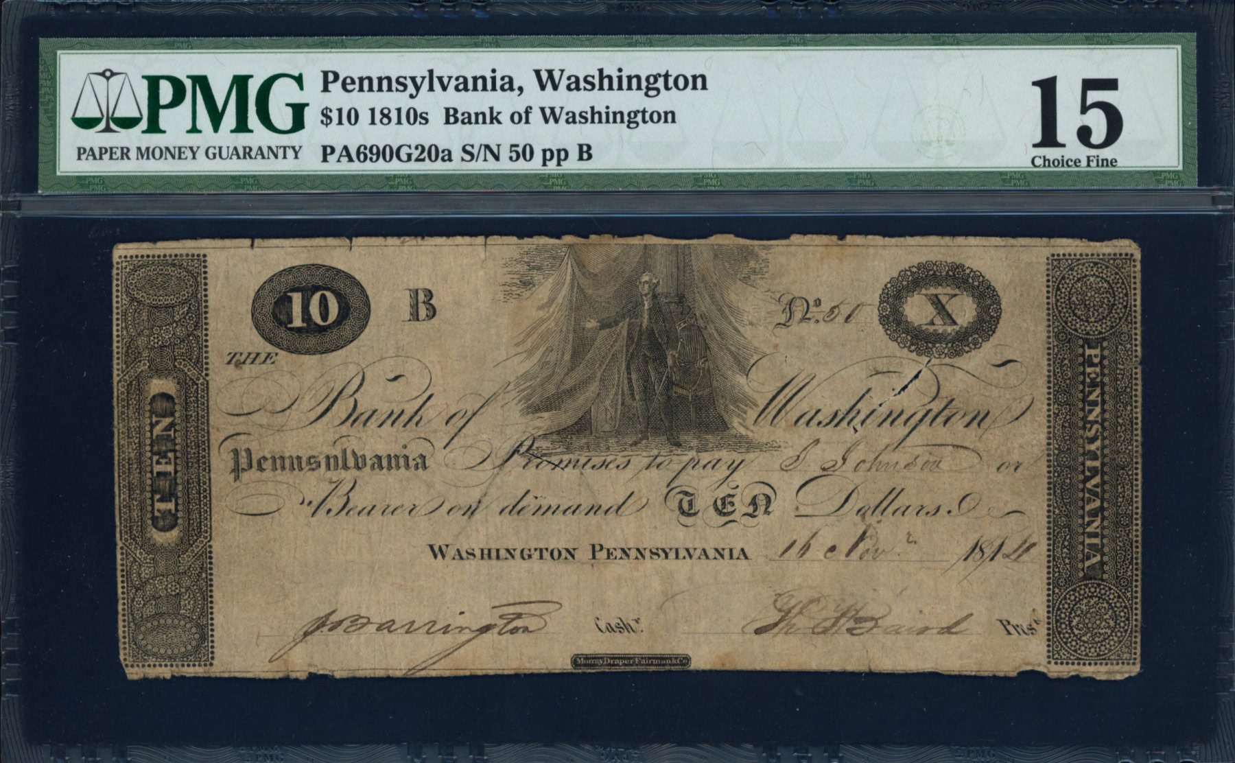Nov. 16, 1814 Washington, Pennsylvania Bank of Washington $10 Note PMG ...