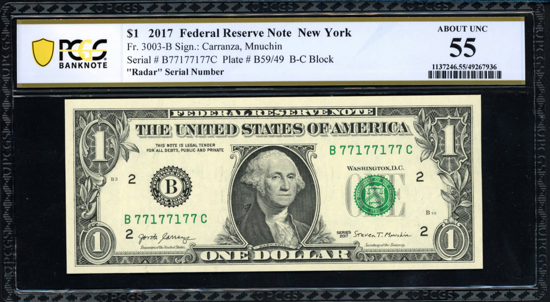 Fr. 3003-B (BC Block) 2017 $1 New York Federal Reserve Note Radar ...