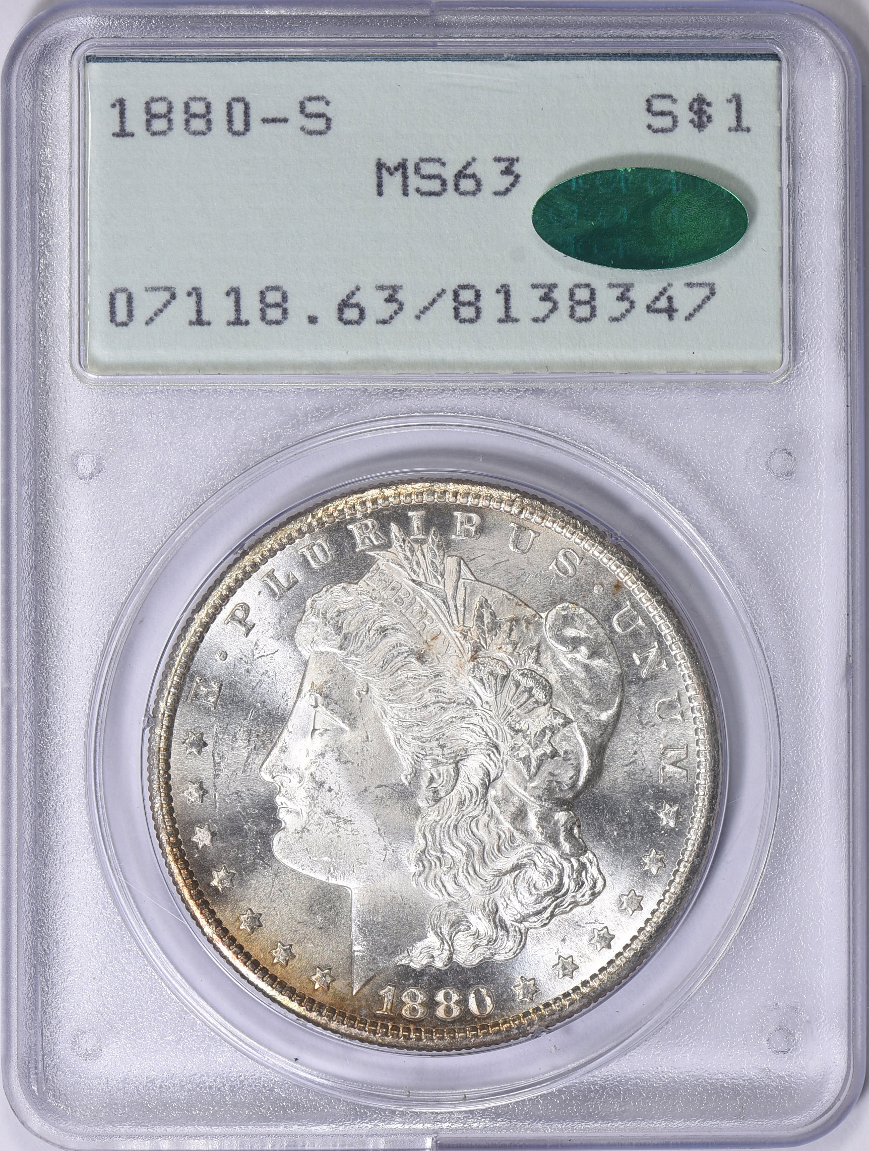 1880-S Morgan Silver Dollar PCGS MS-63 (CAC Green) OGH (1st Gen) (Toned) (Item 1623514 ...