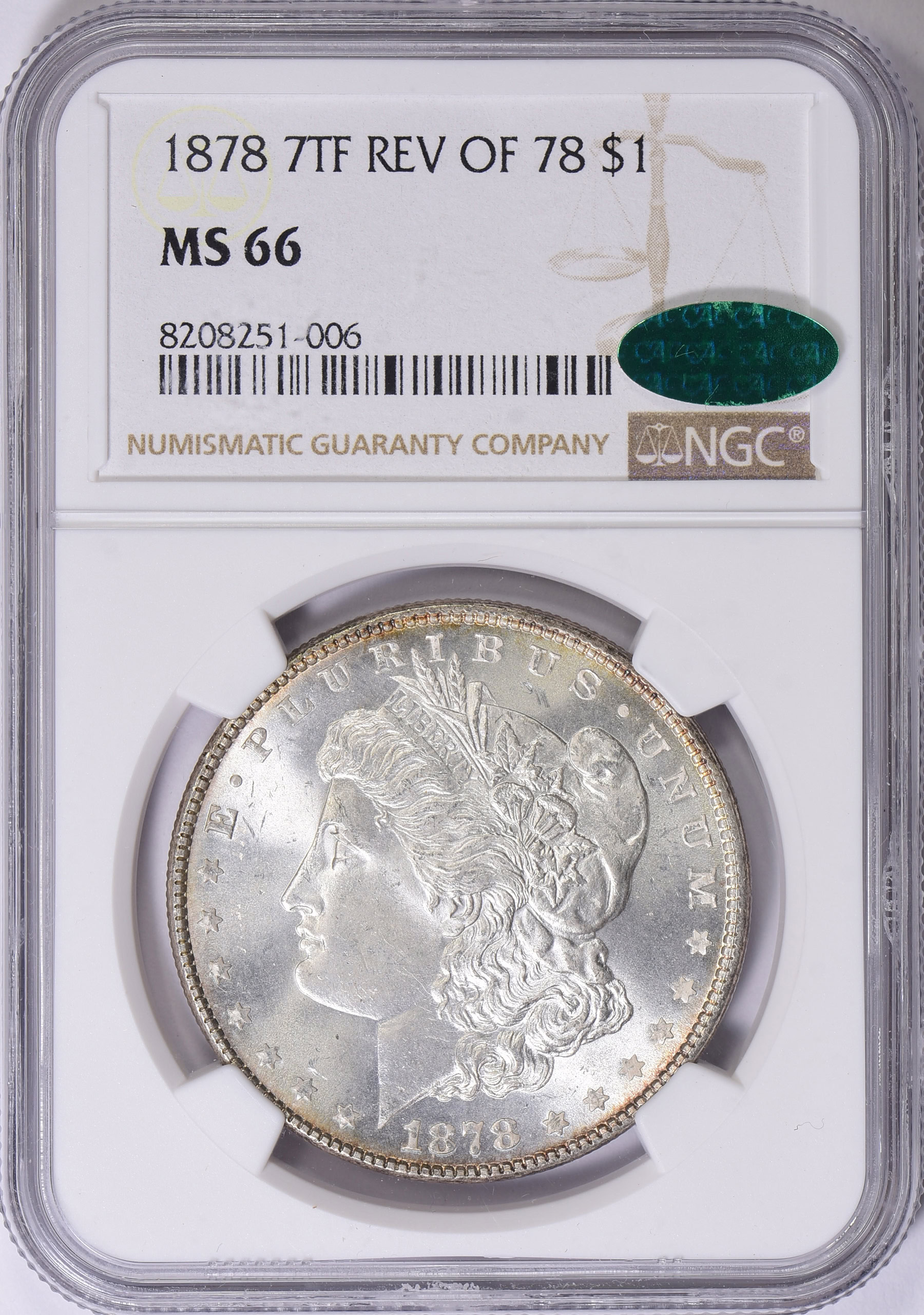 1878 Morgan Silver Dollar 7 Tailfeathers, Reverse of 1878 NGC MS-66 (CAC Green) (Item 1623666 ...