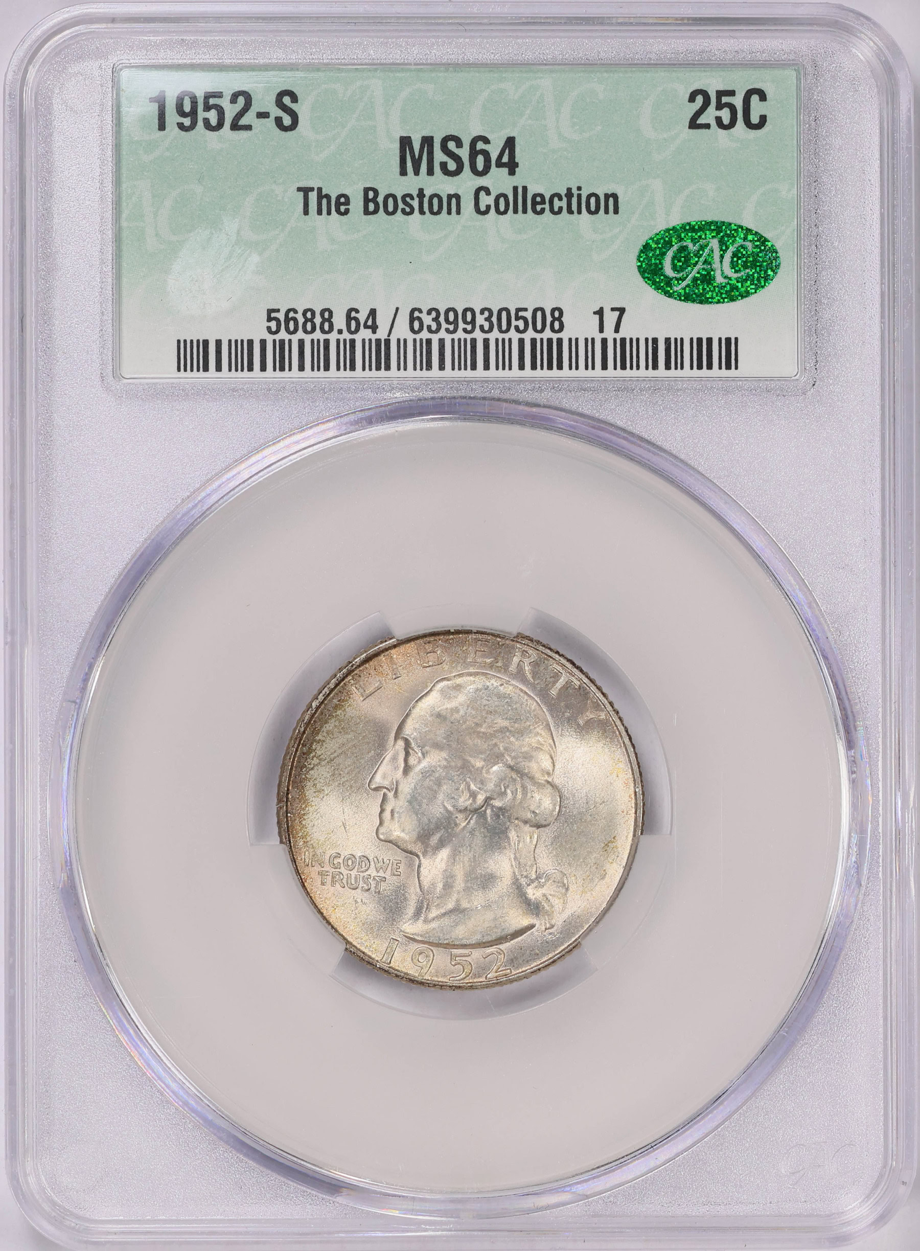 1952-S Washington Quarter CACG MS-64 (The Boston Collection) (Item ...