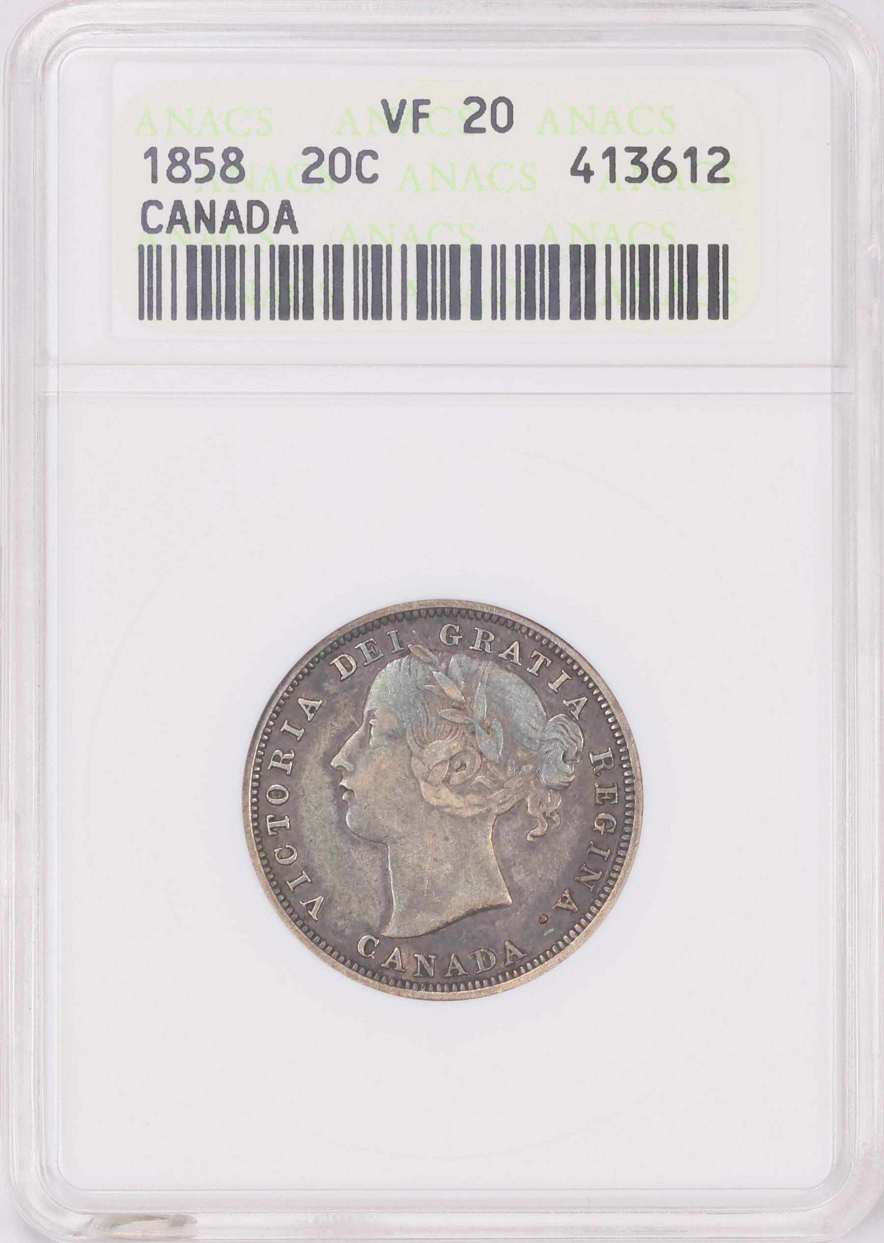 Canada 1858 Silver 20 Cents KM-4 ANACS VF-20 OH (Item 1624429) | GreatCollections Coin Auctions
