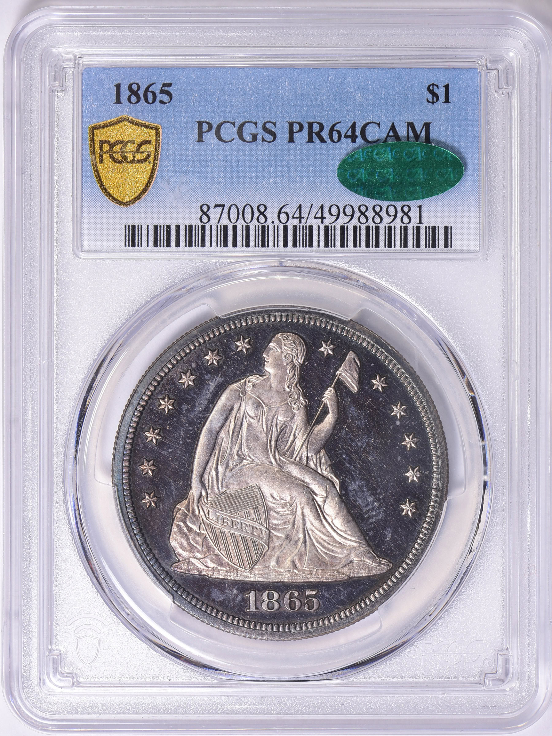 1865 Seated Liberty Silver Dollar PCGS Proof-64 CAMEO (CAC Green ...
