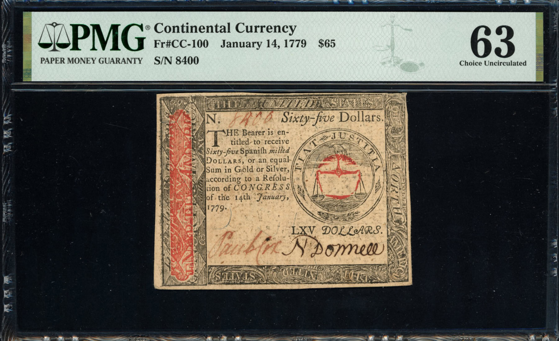 Fr. CC-100 Jan. 14, 1779 $65 Continental Currency Note PMG Choice ...
