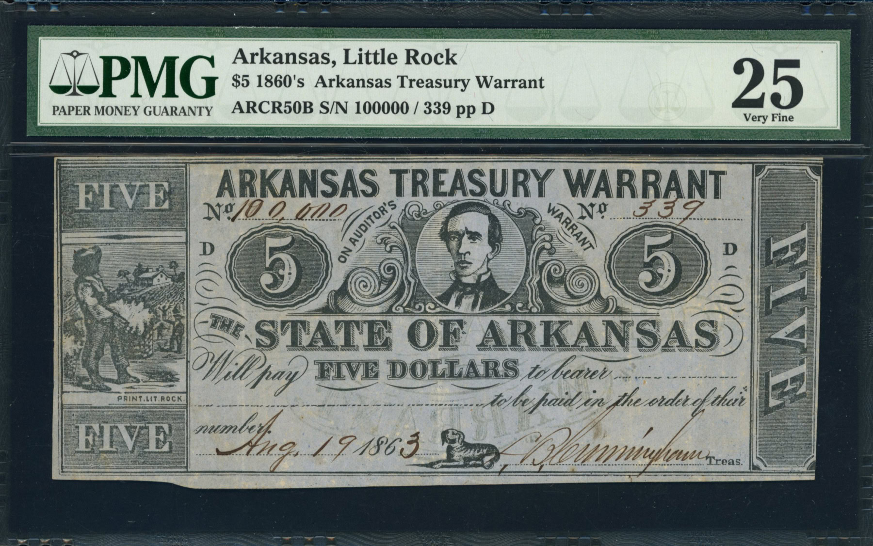 Aug. 19, 1863 Little Rock, Arkansas $5 Arkansas Treasury Warrant Note ...