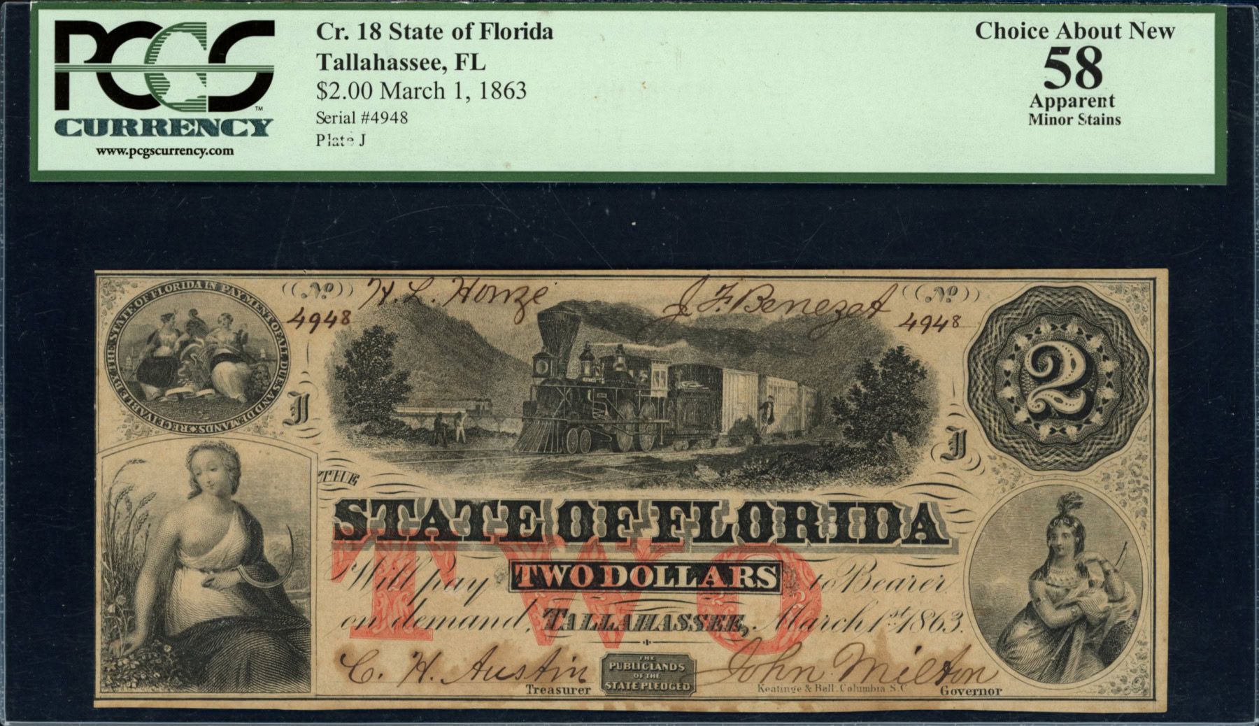 1863 Tallahassee, Florida State of Florida $2 Note PCGS Currency Choice ...