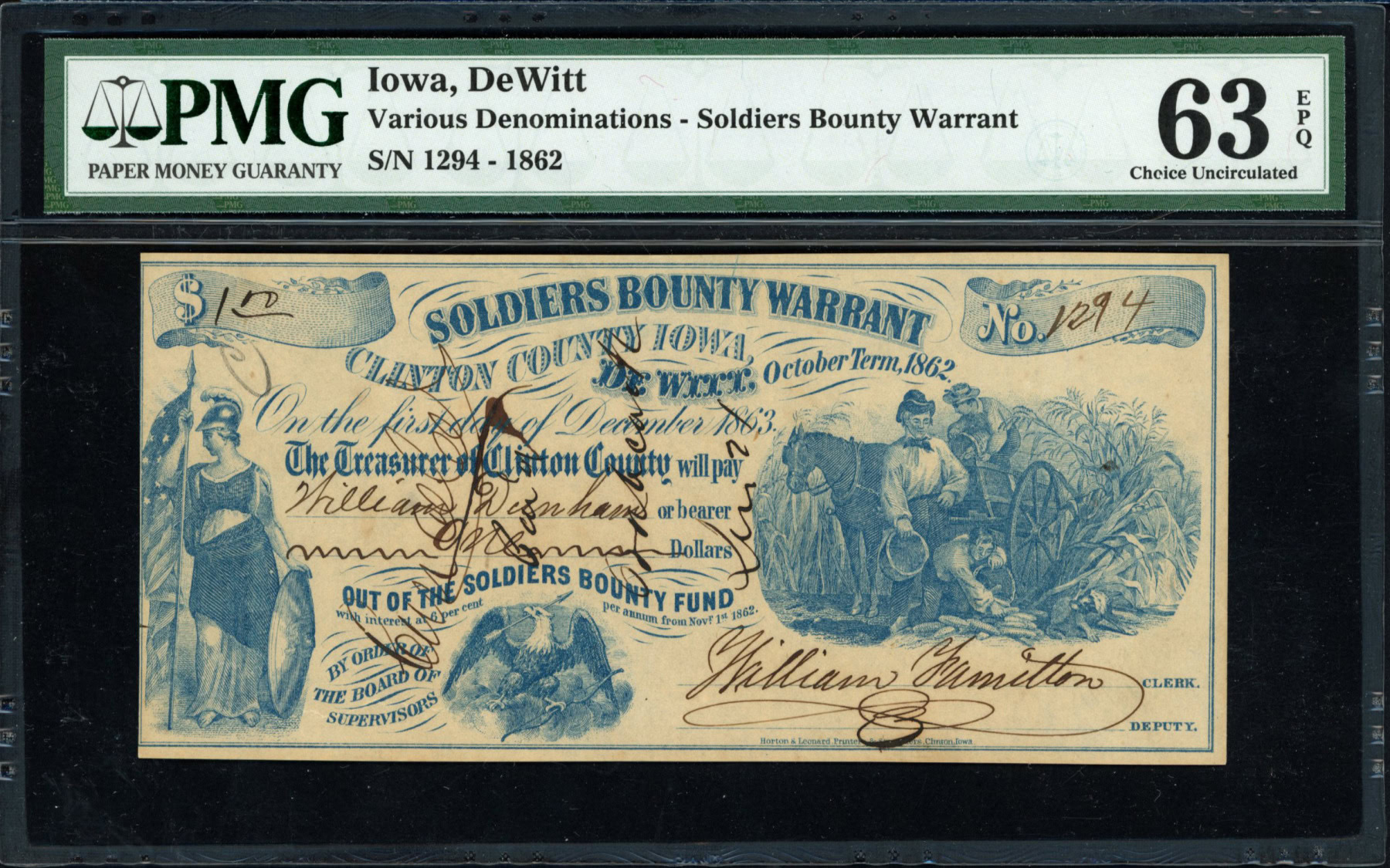 1862 DeWitt, Iowa $1 Soldiers Bounty Warrant Note PMG Choice ...