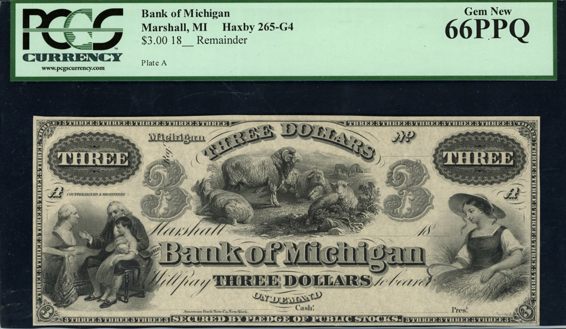 1862-65 Marshall, Michigan Bank of Michigan $3 Remainder Note PCGS ...