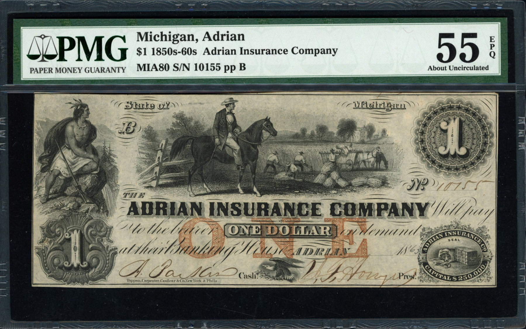 1850s Adrian, Michigan Adrian Insurance Company $1 Remainder Note PMG ...