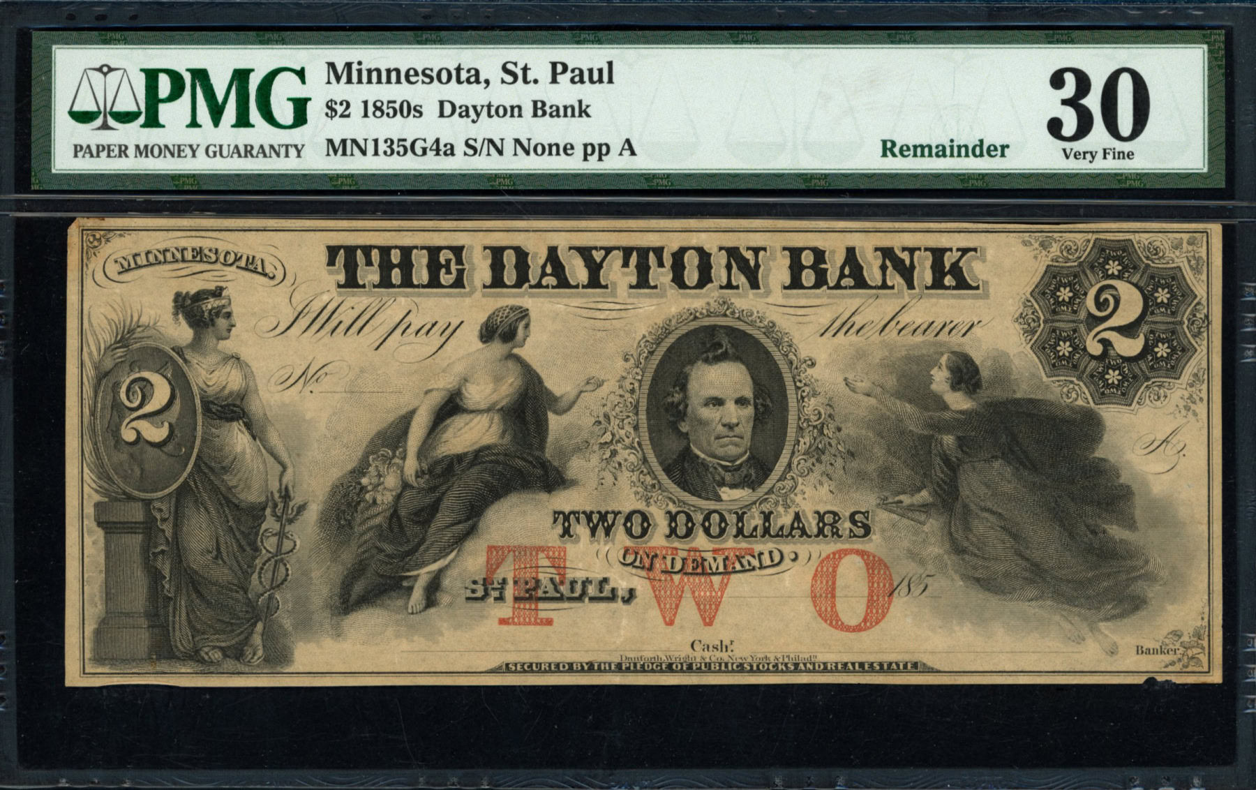 1850s Saint Paul, Minnesota Dayton Bank $2 Remainder Note PMG Very Fine ...