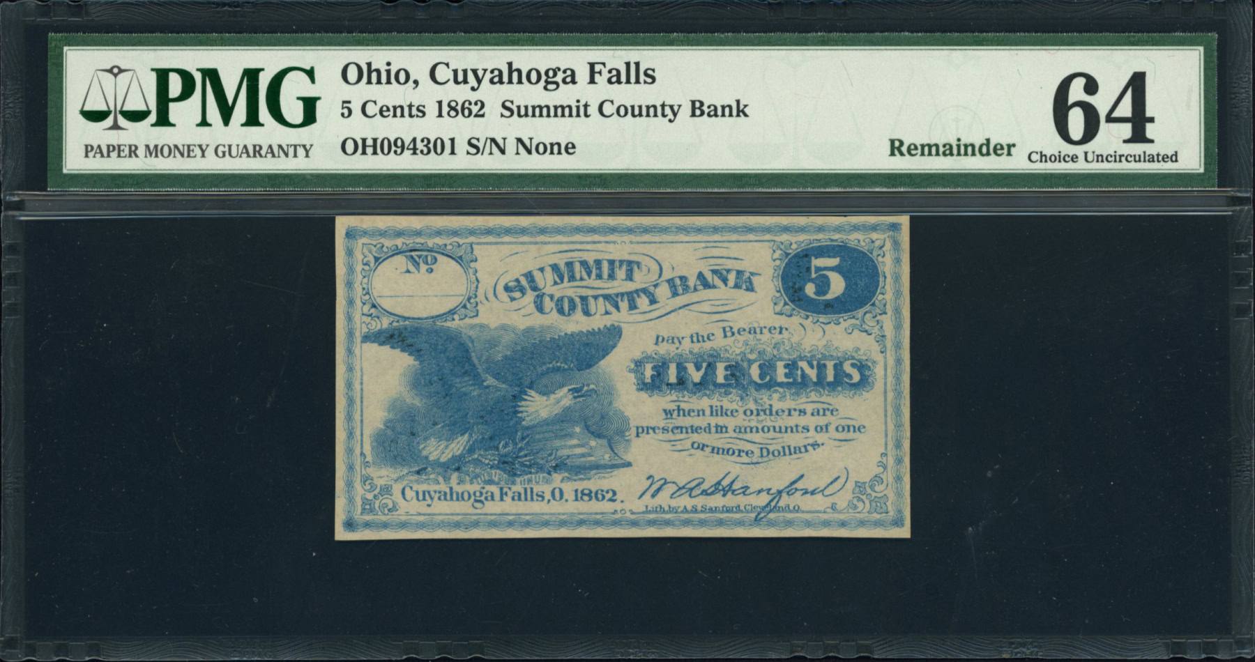 1862 Cuyahoga Falls, Ohio Summit County Bank 5 Cents Remainder Note PMG ...