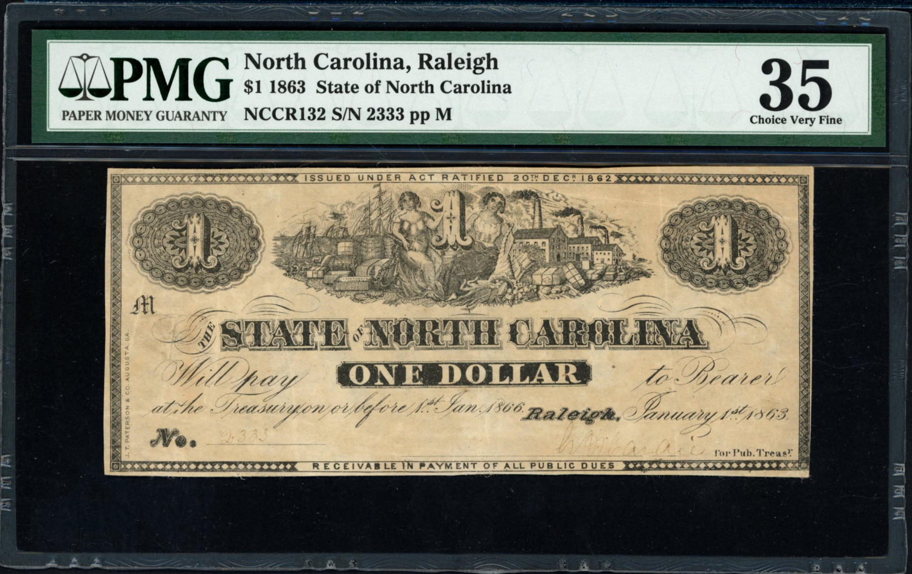 1863 Raleigh, North Carolina State of North Carolina $1 Note PMG Choice Very Fine 35 | PMG Cert ...