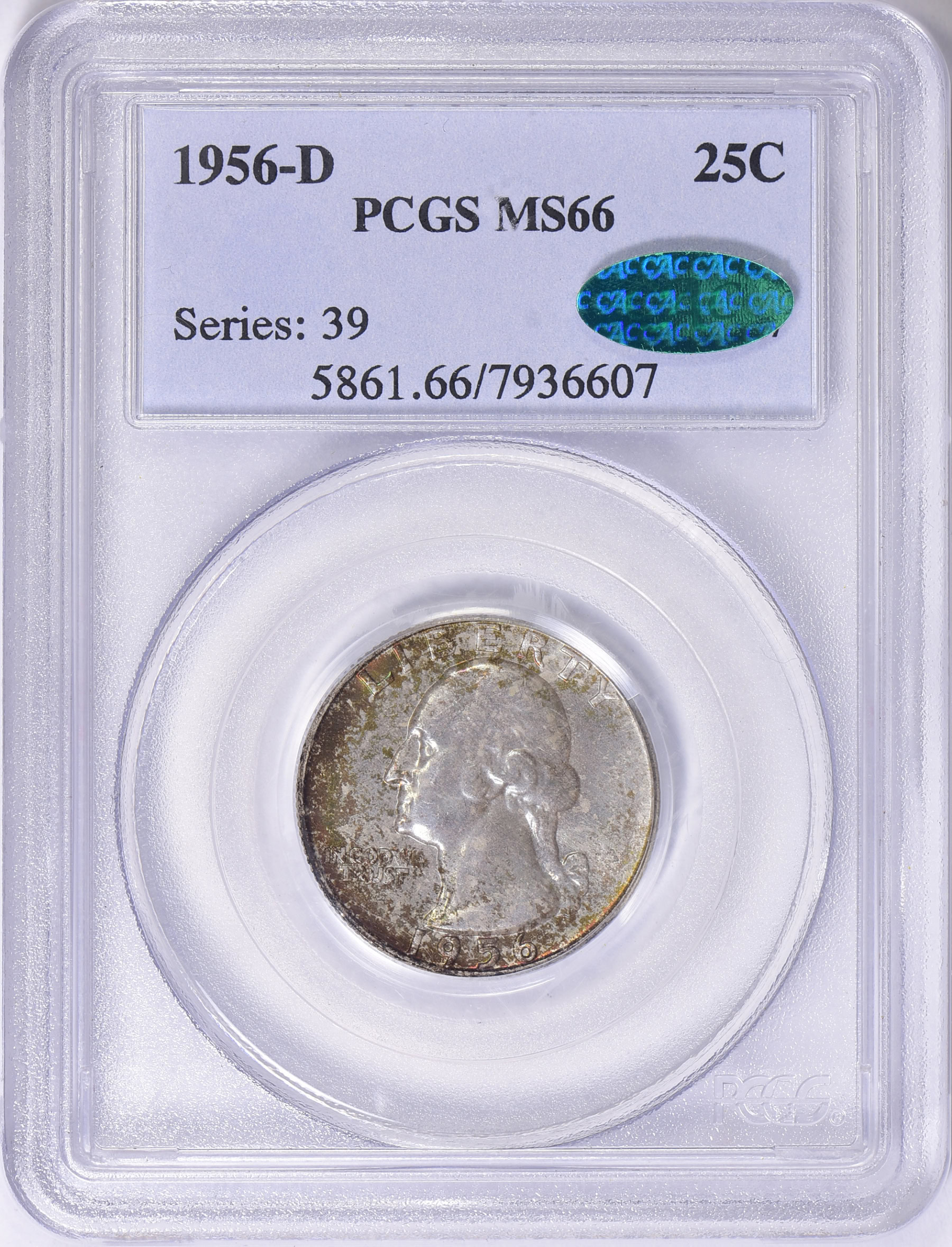 1956-D Washington Quarter PCGS MS-66 (CAC Green) (Toned) (Item 1627019) | GreatCollections Coin ...