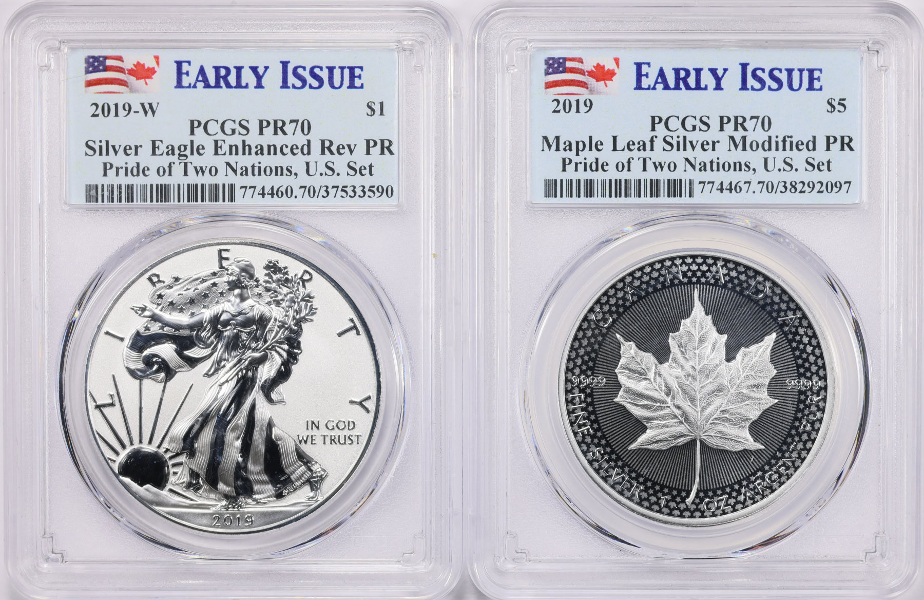 2019 $1 Silver Eagle Enhanced Reverse Proof and 2019 Canada Silver $5 ...