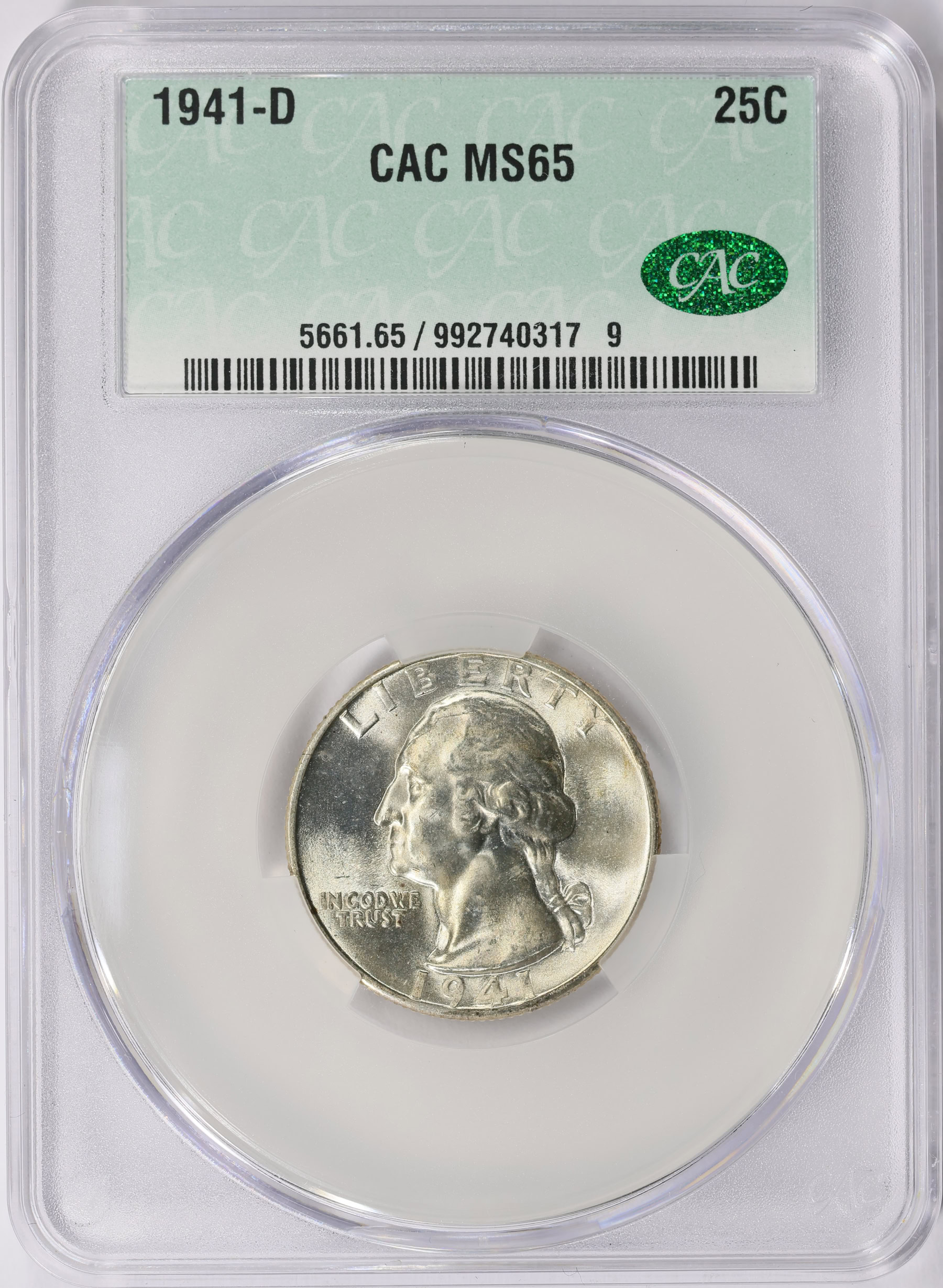 1941-D Washington Quarter CACG MS-65 (Item 1628393) | GreatCollections Coin Auctions