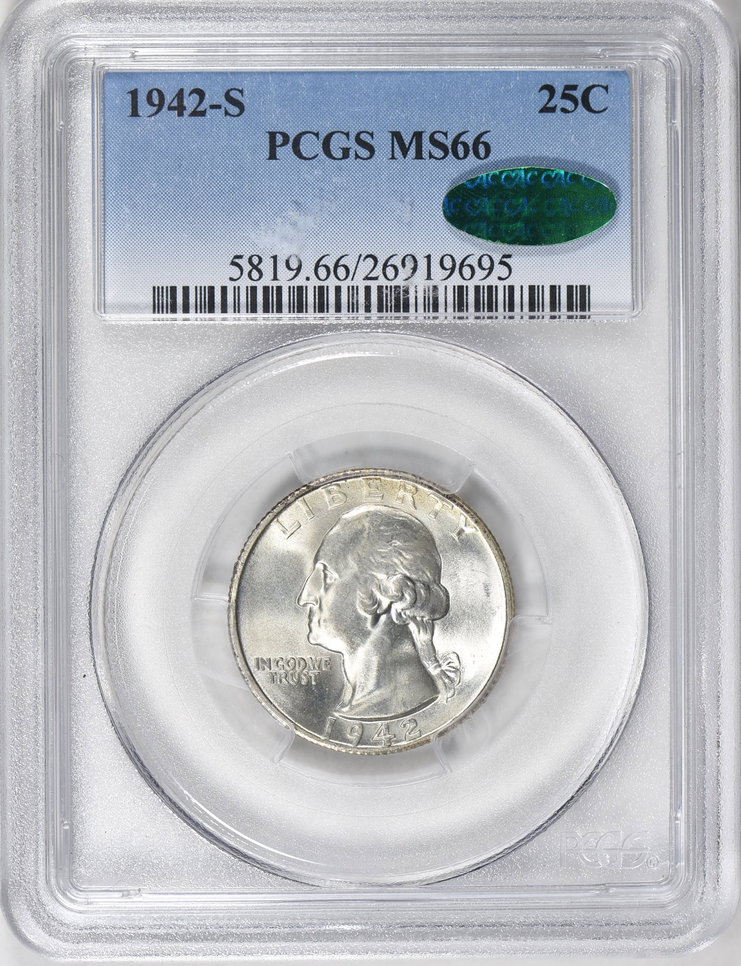 1942-S Washington Quarter PCGS MS-66 (CAC Green) (Item 1629671) | GreatCollections Coin Auctions