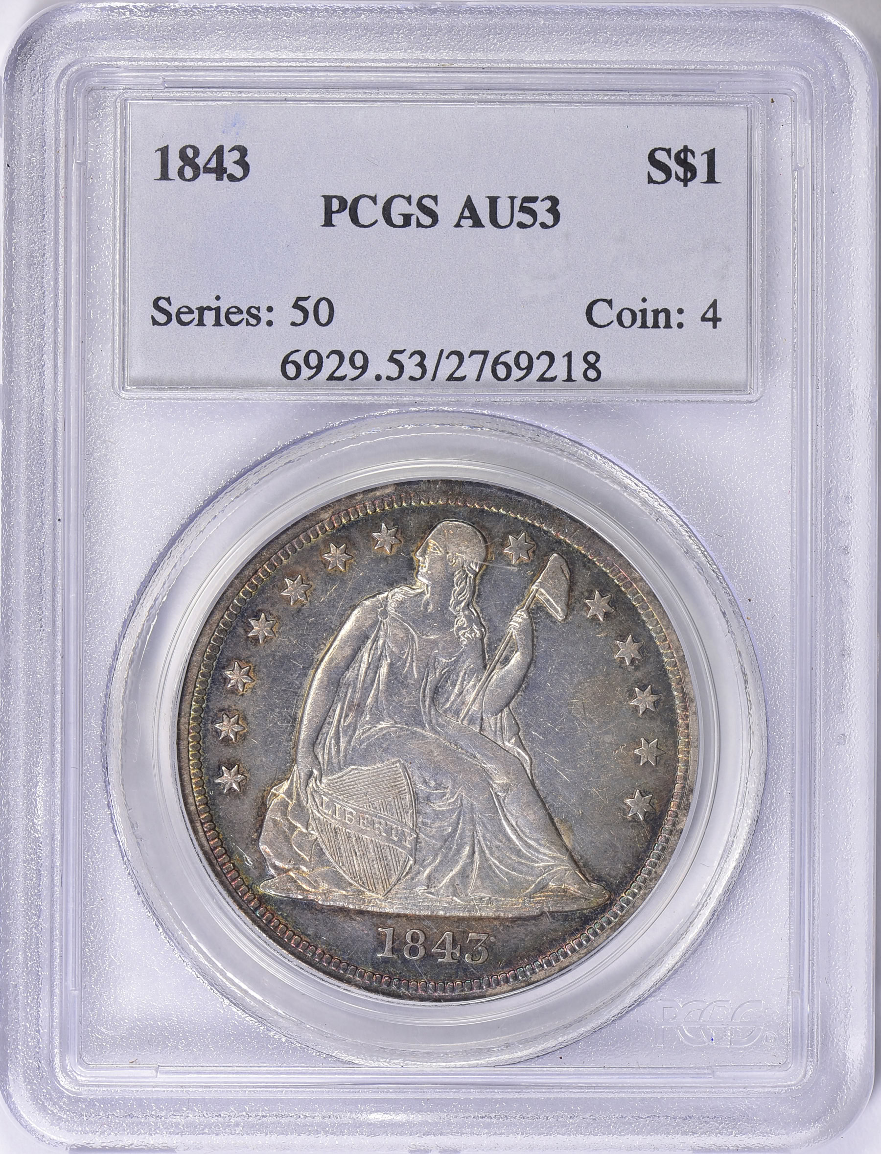 1843 Seated Liberty Silver Dollar PCGS AU-53 (Toned) (Item 1629725) | GreatCollections Coin Auctions