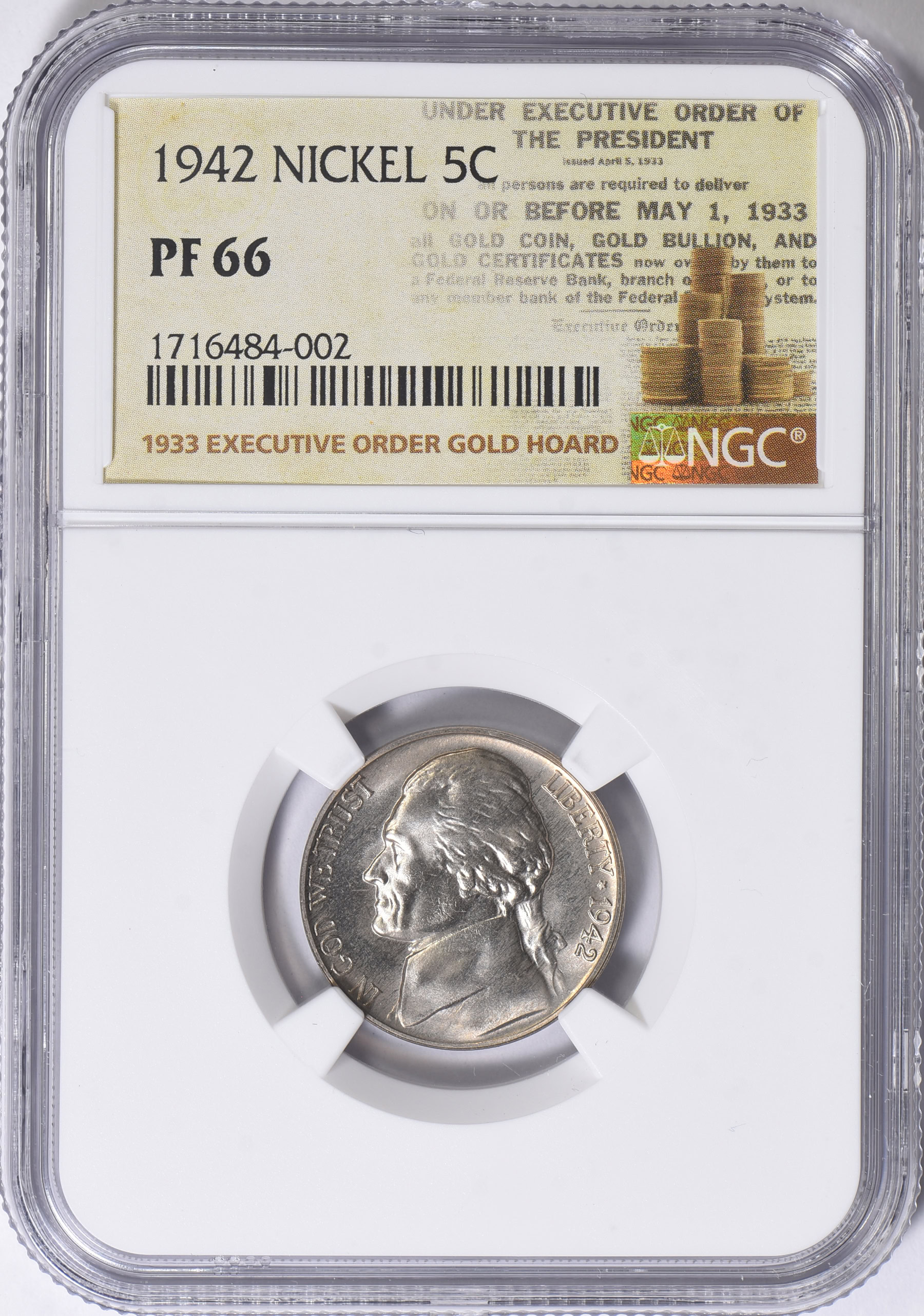 1942 Jefferson Nickel Type 1 NGC Proof-66 (1933 Executive Order Gold ...