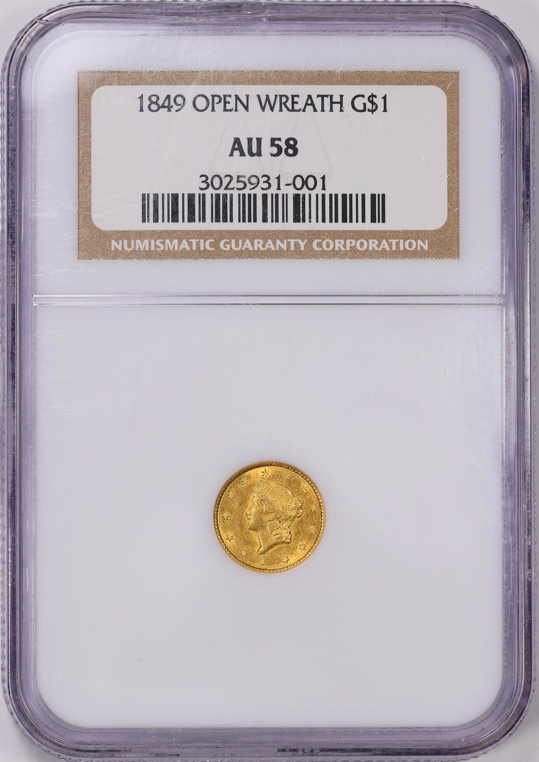 1849 Liberty Gold Dollar Open Wreath NGC AU-58 (Item 1630223) | GreatCollections Coin Auctions