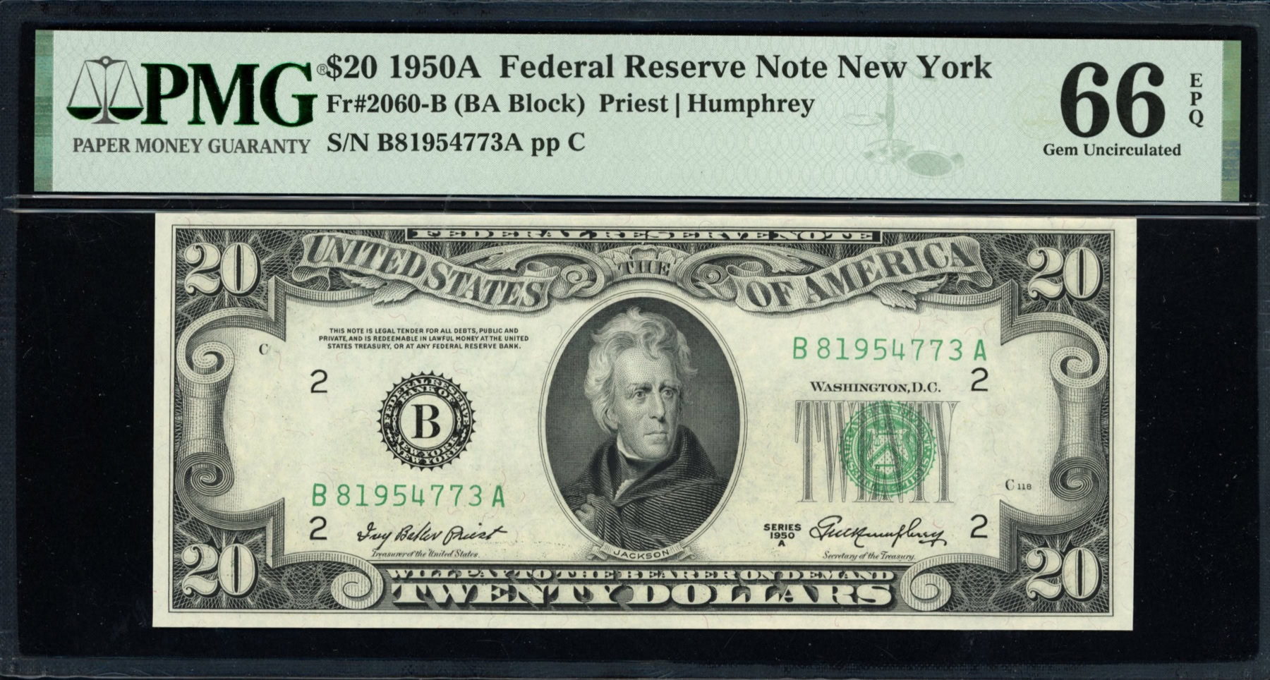 Fr. 2060-B (BA Block) 1950A $20 New York Federal Reserve Note Priest ...