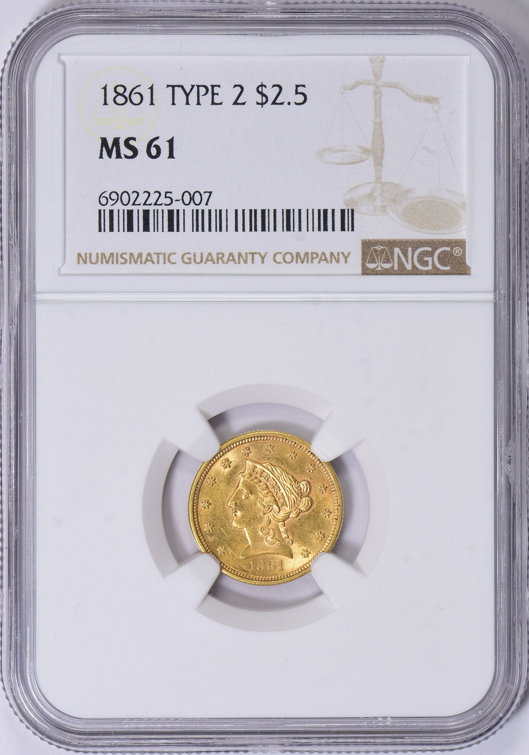 1861 Liberty Gold Quarter Eagle Type 2 NGC MS-61 (Item 1631095) | GreatCollections Coin Auctions