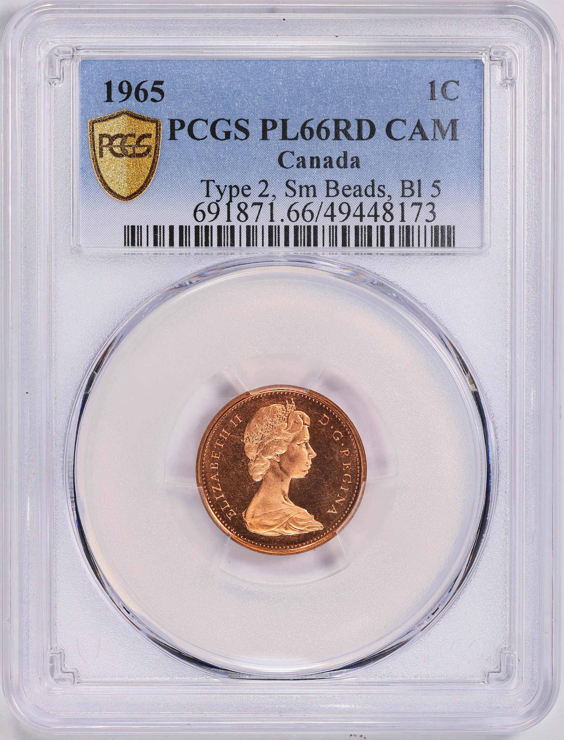 Canada 1965 Cent Type 2, Small Beads, Blunt 5 KM-59.1 PCGS PL-66 RD CAMEO (Item 1631553 ...