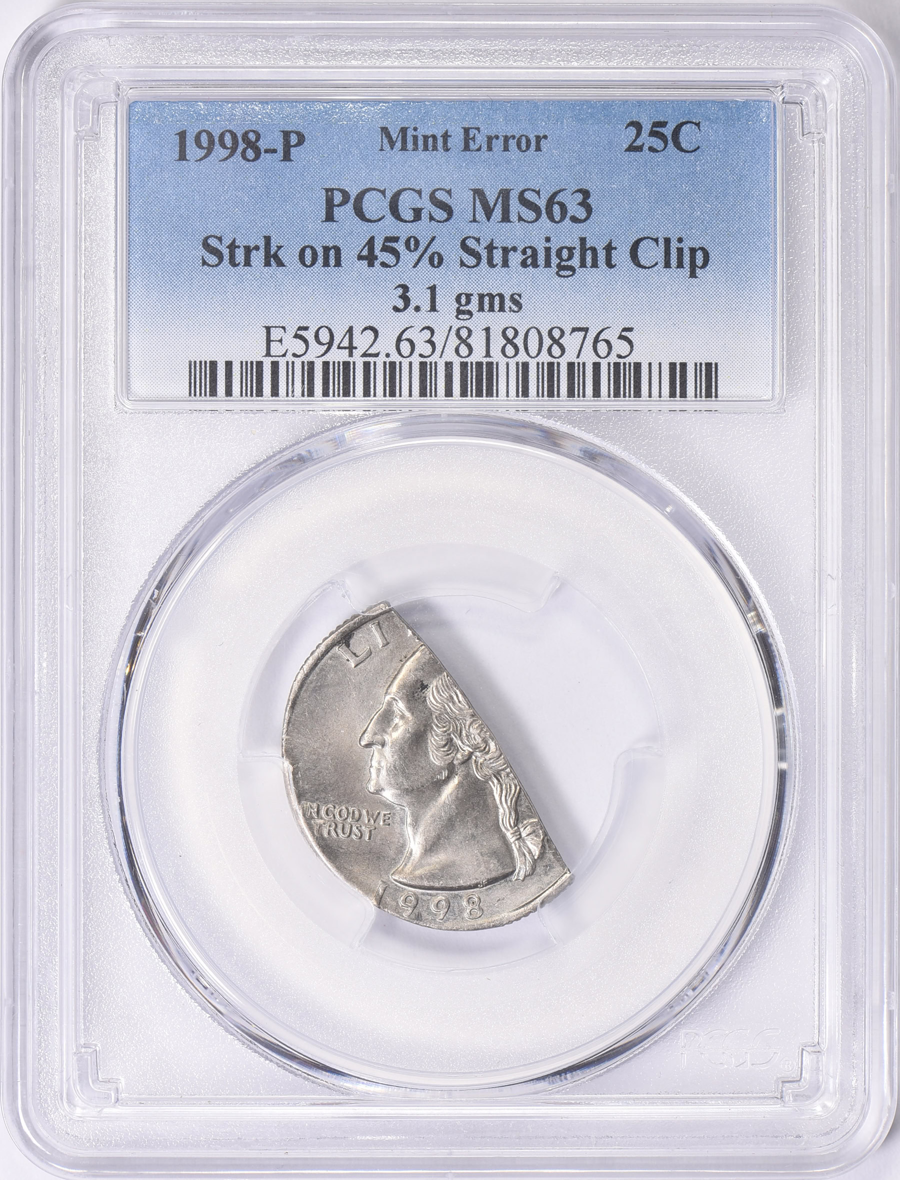 Mint Error 1998-P Washington Quarter Struck on 45% Straight Clip ...