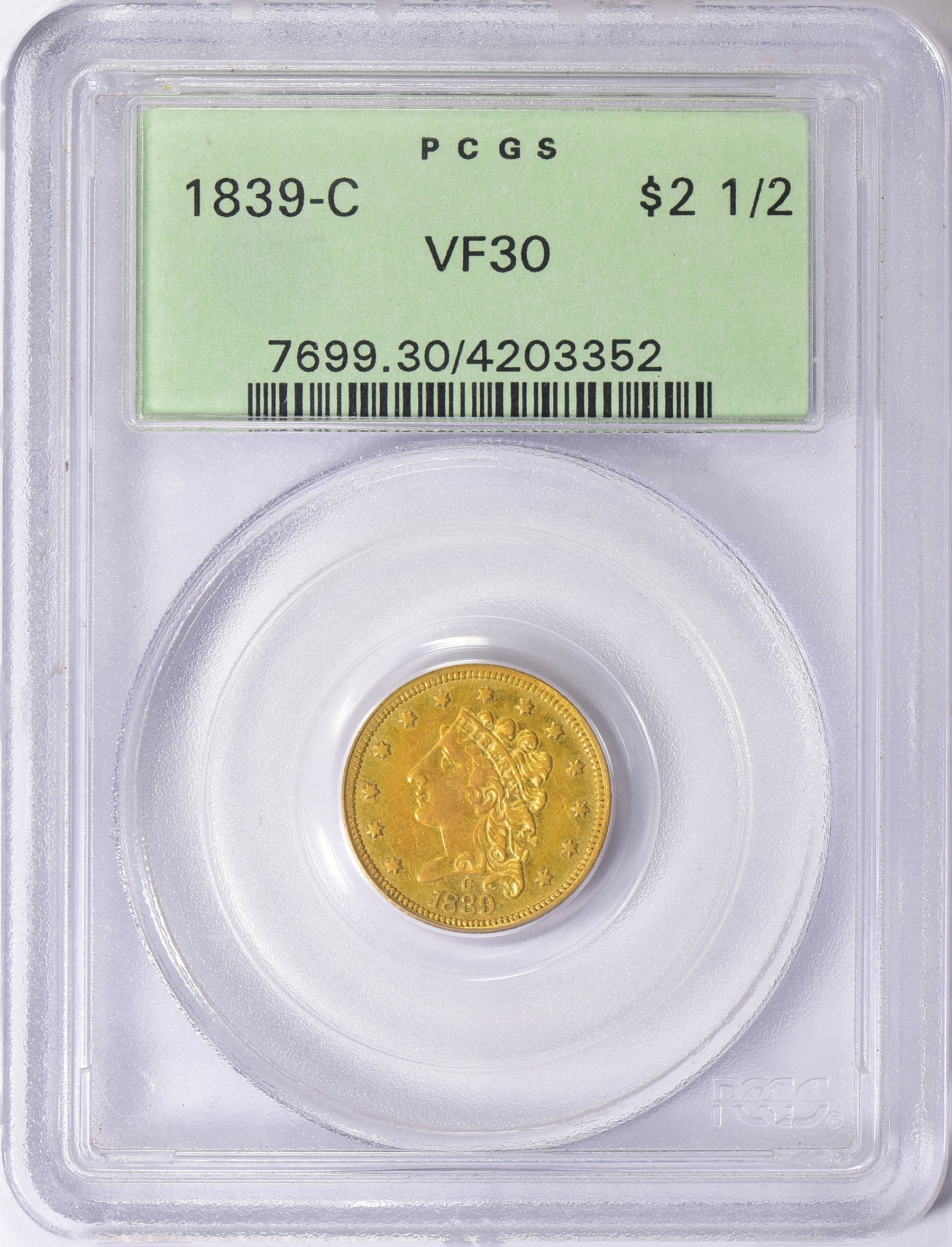 1839-C Classic Gold Quarter Eagle PCGS VF-30 OGH (Item 1632038 ...
