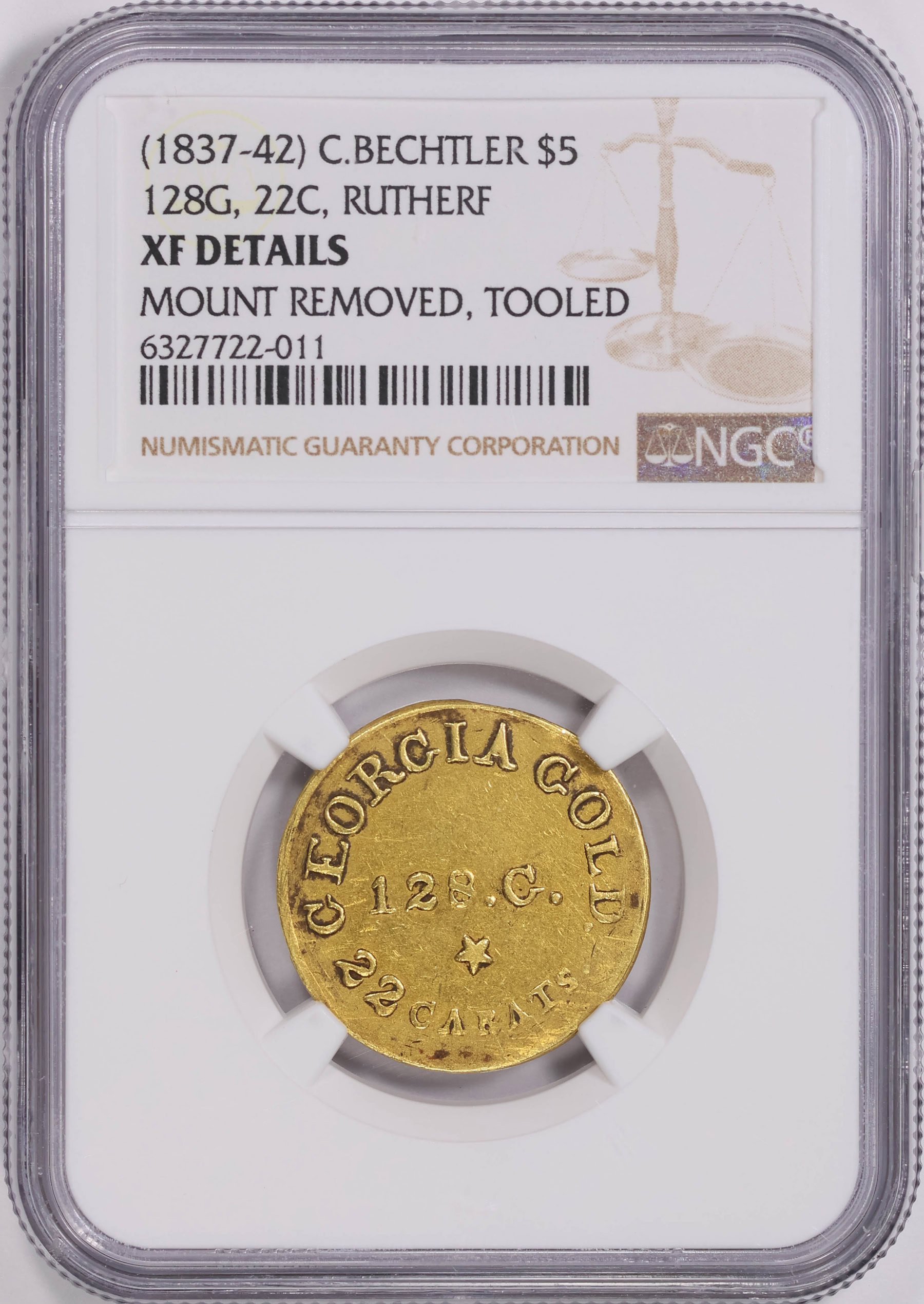 (1837-42) North Carolina/Georgia Gold $5 C. Bechtler K-23 GEORGIA 128 ...