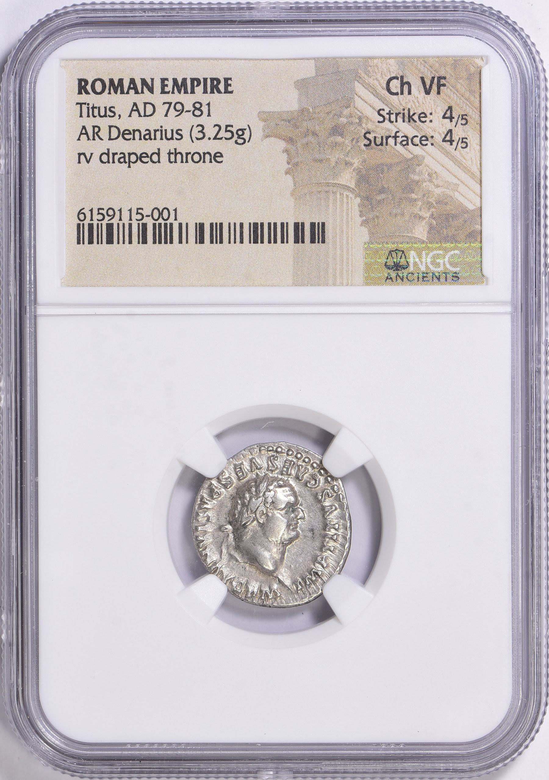 Ancient Roman Empire, Titus (A.D. 79-81) A.D. 80 AR Denarius (3.25gms ...