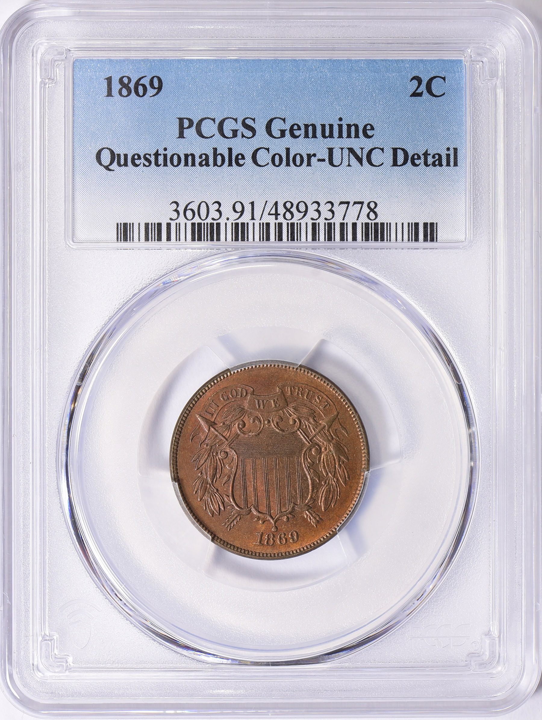 1869 Two-Cent Piece PCGS Genuine Unc Details (Art. Toned) (Item 1633186) | GreatCollections Coin ...