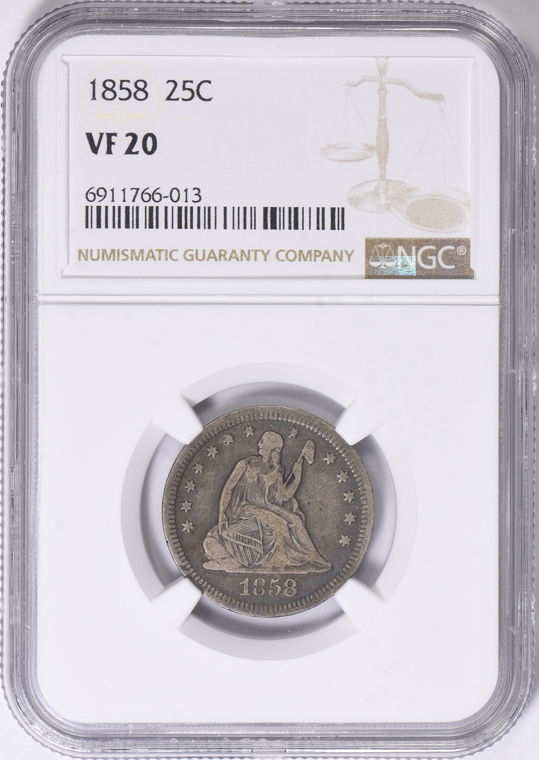 1858 Seated Liberty Quarter NGC VF-20 (Item 1634093) | GreatCollections Coin Auctions