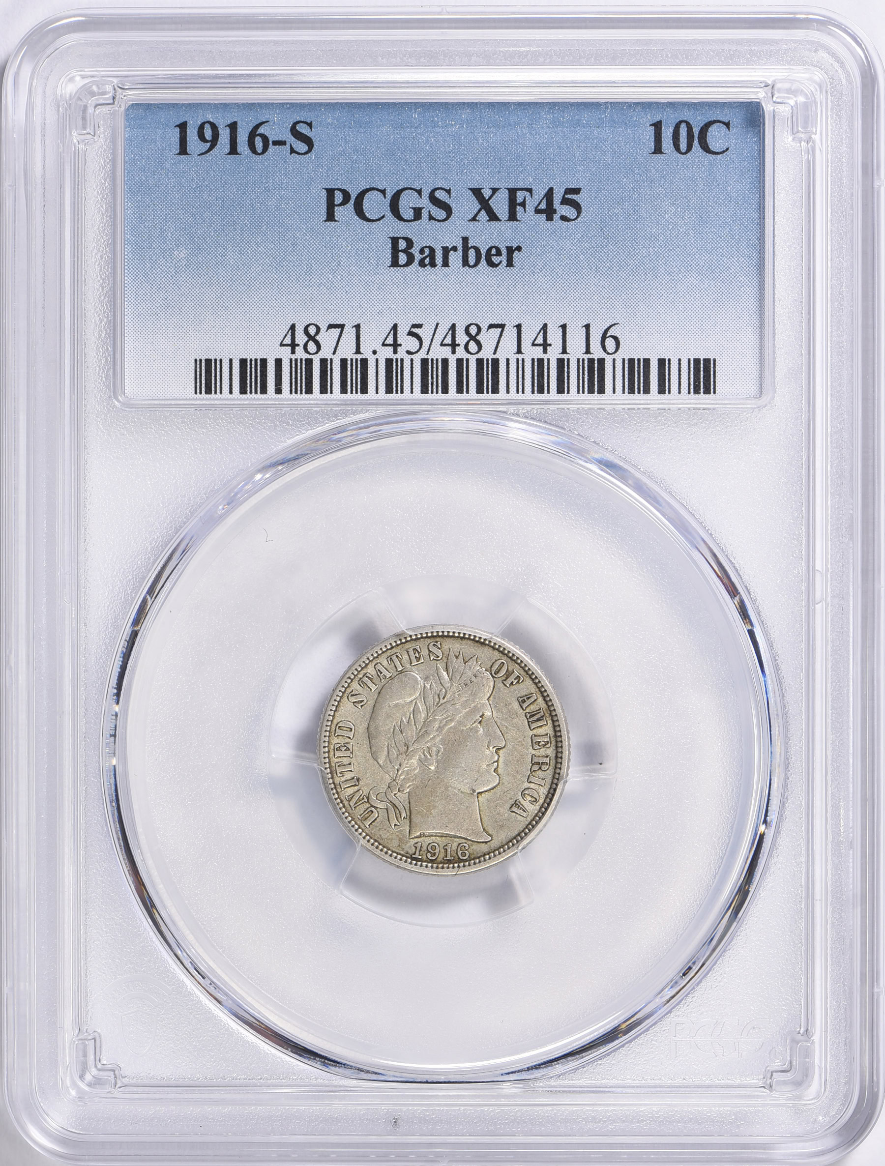 1916-S Barber Dime PCGS XF-45 (Item 1634999) | GreatCollections Coin Auctions