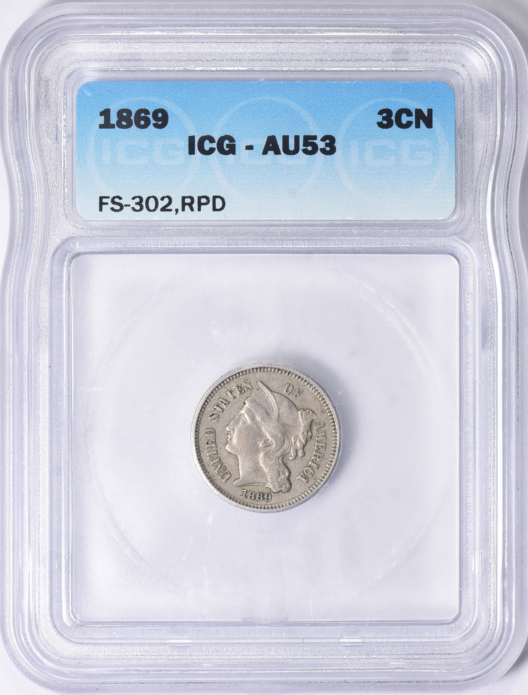 1869 Nickel Three-Cent Piece Repunched Date FS-302 ICG AU-53 (Item ...