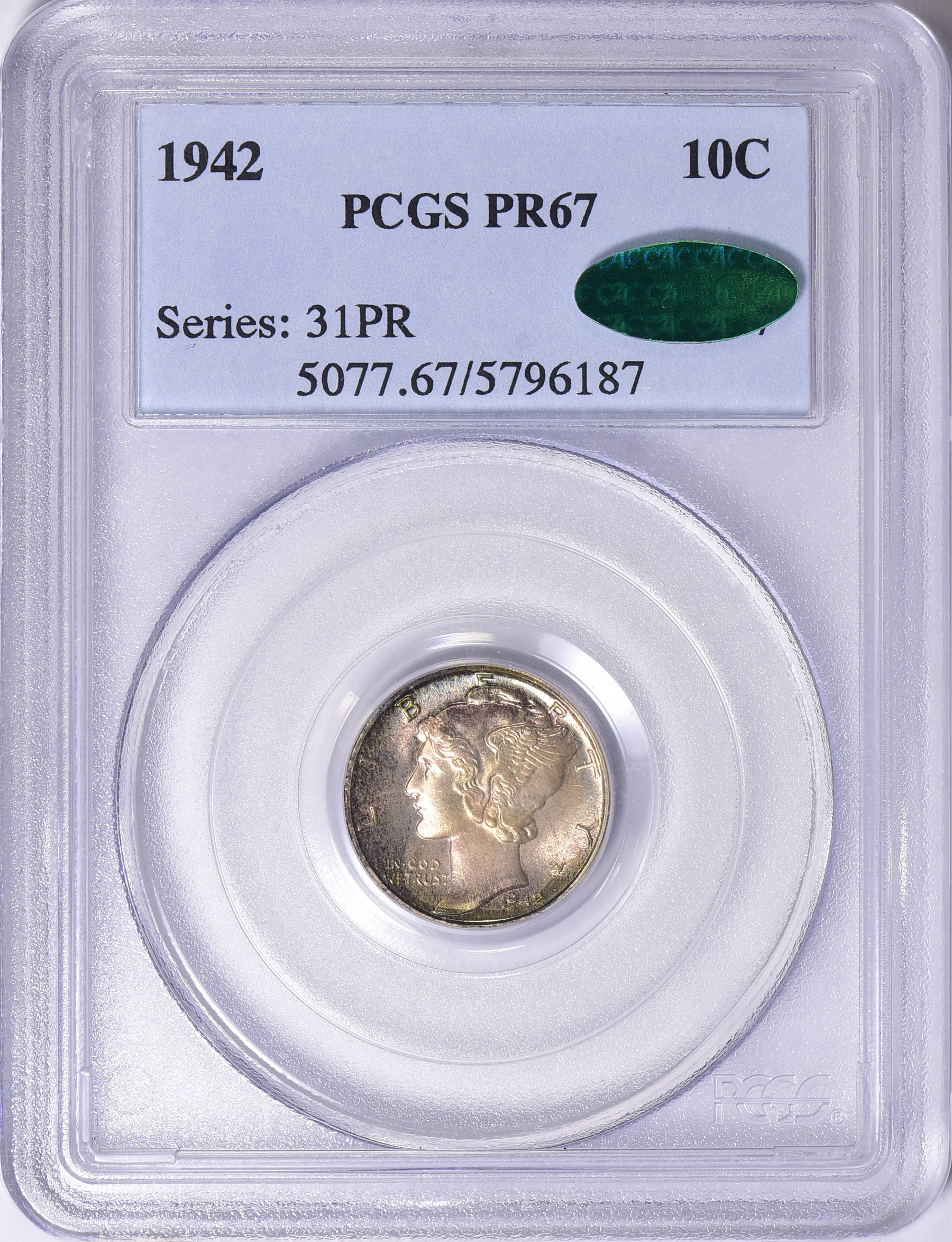 1942 Mercury Dime PCGS Proof-67 (CAC Green) (Toned) (Item 1635650) | GreatCollections Coin Auctions