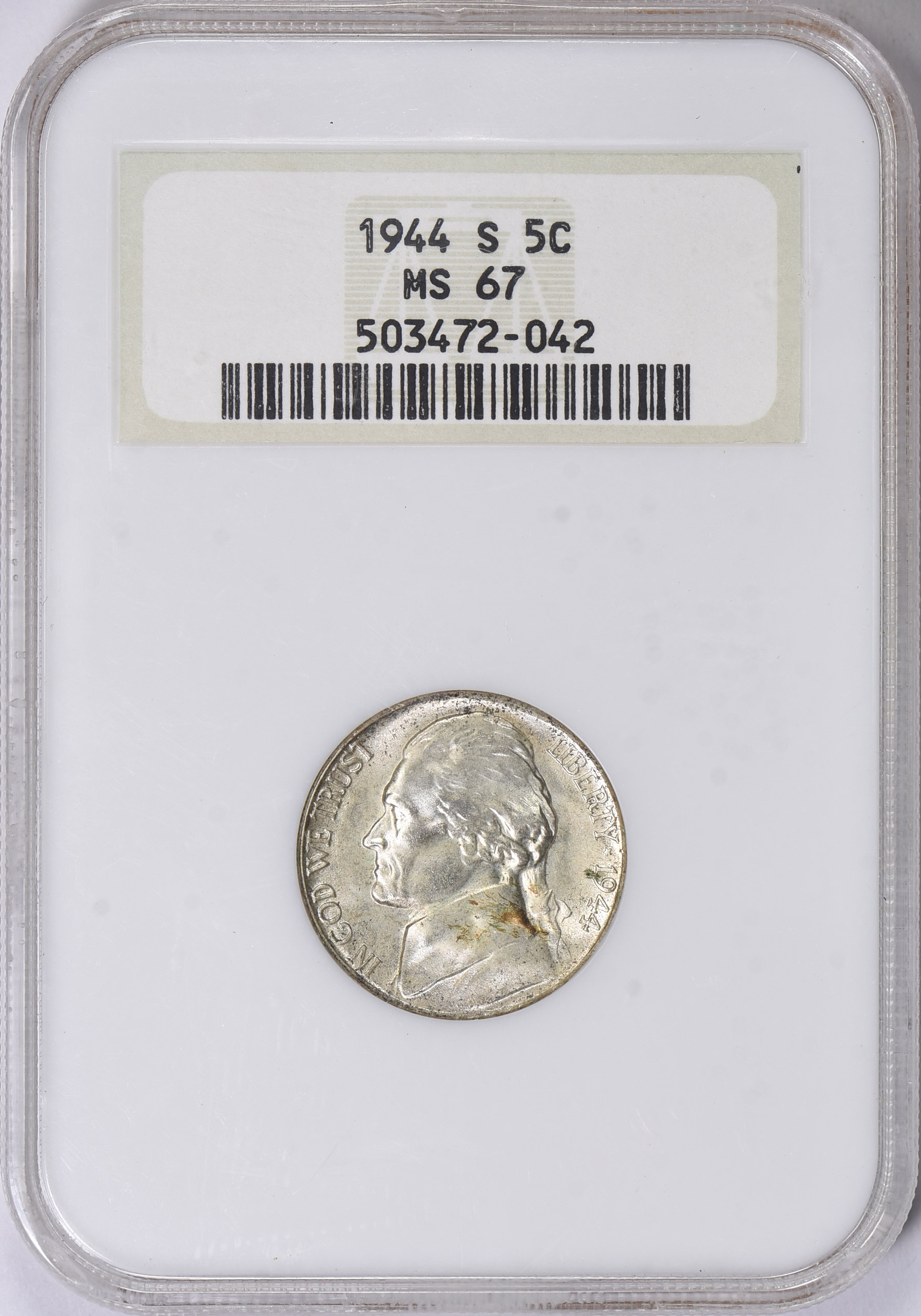 1944-S Jefferson Nickel NGC MS-67 OH (Toned) (Item 1636245) | GreatCollections Coin Auctions