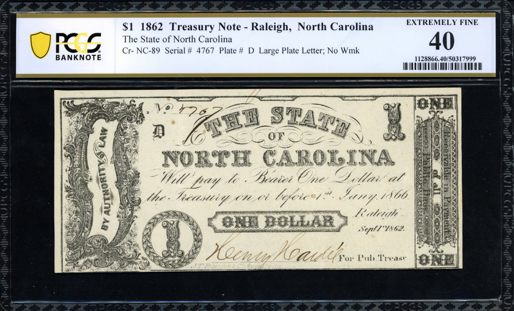 1862 Raleigh, North Carolina State of North Carolina $1 Treasury Note ...