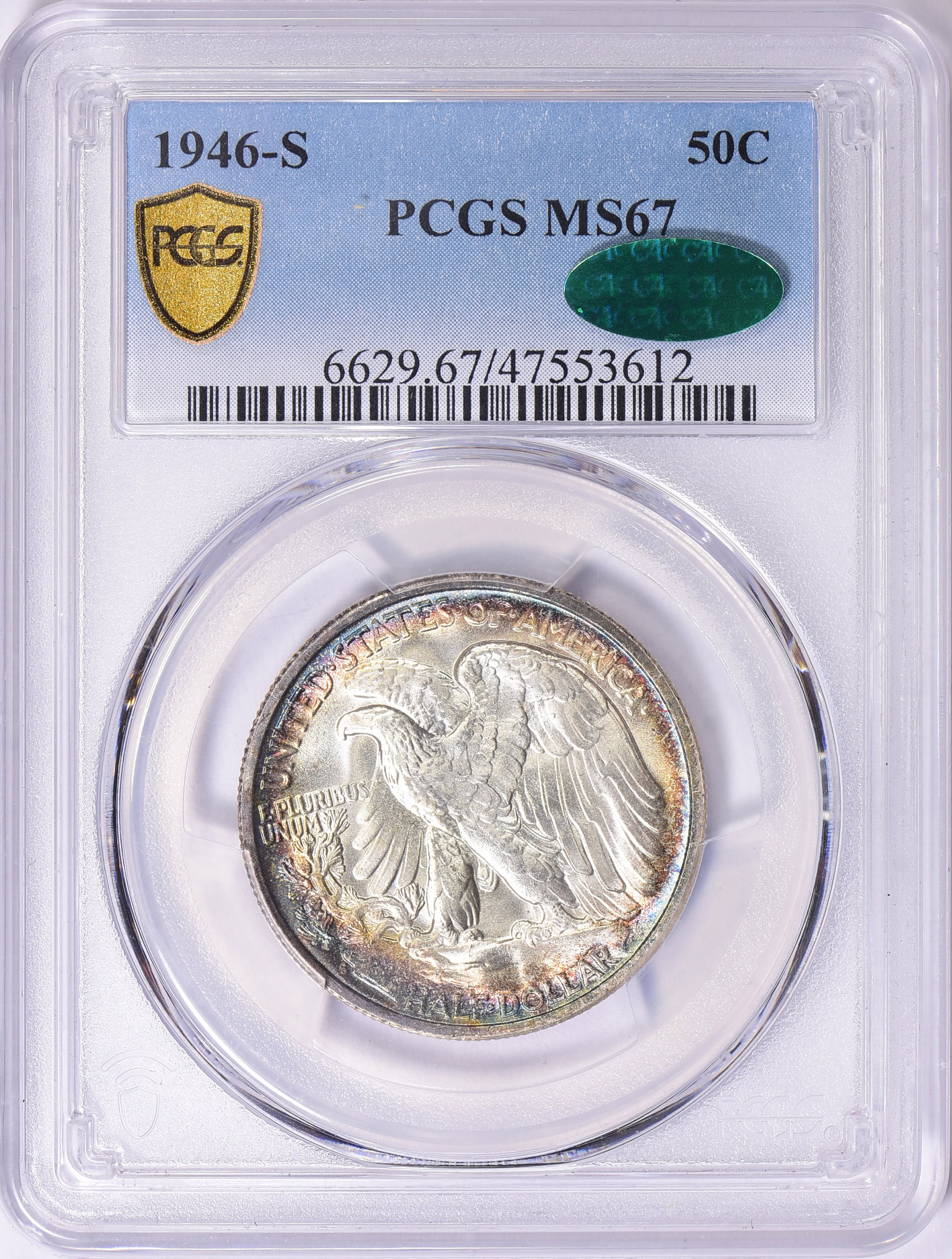 1946-S Walking Liberty Half Dollar PCGS MS-67 (CAC Green) (Toned) (Item 1636515 ...