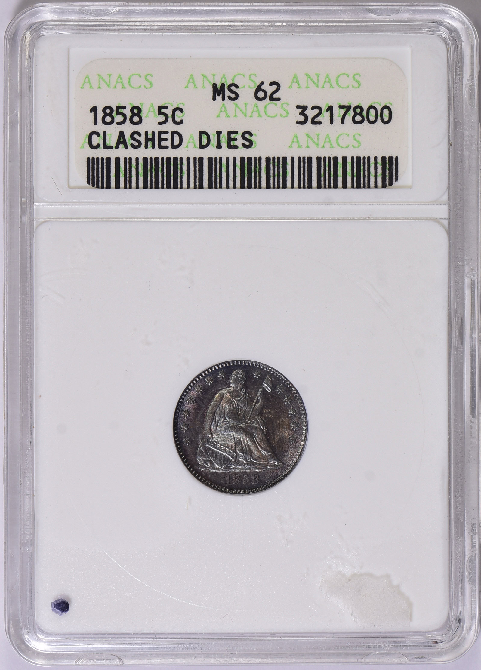 1858 Seated Liberty Half Dime Clashed Dies ANACS MS-62 OH (Item 1637260) | GreatCollections Coin ...