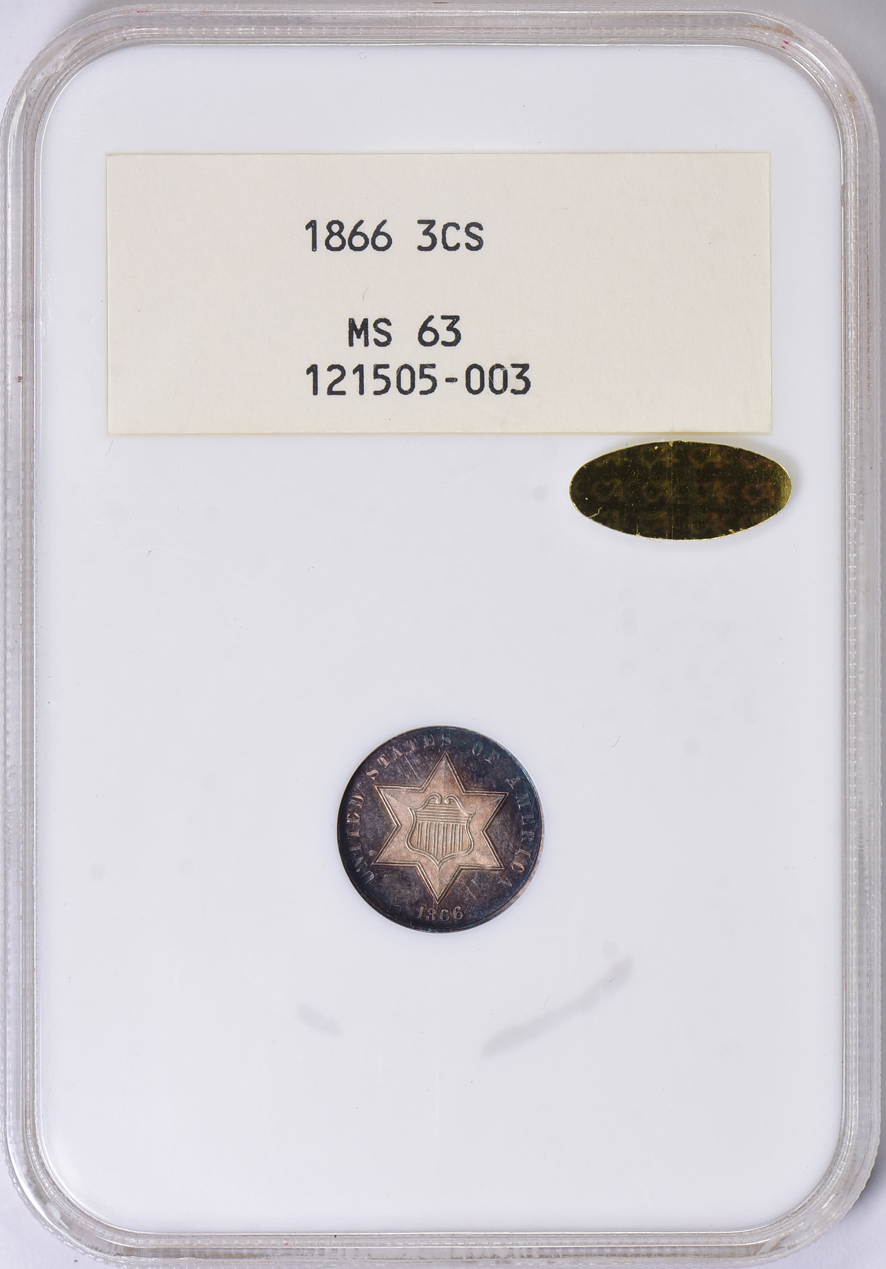 1866 Silver Three-Cent Piece NGC MS-63 (CAC Gold) OH (Toned) (Item ...