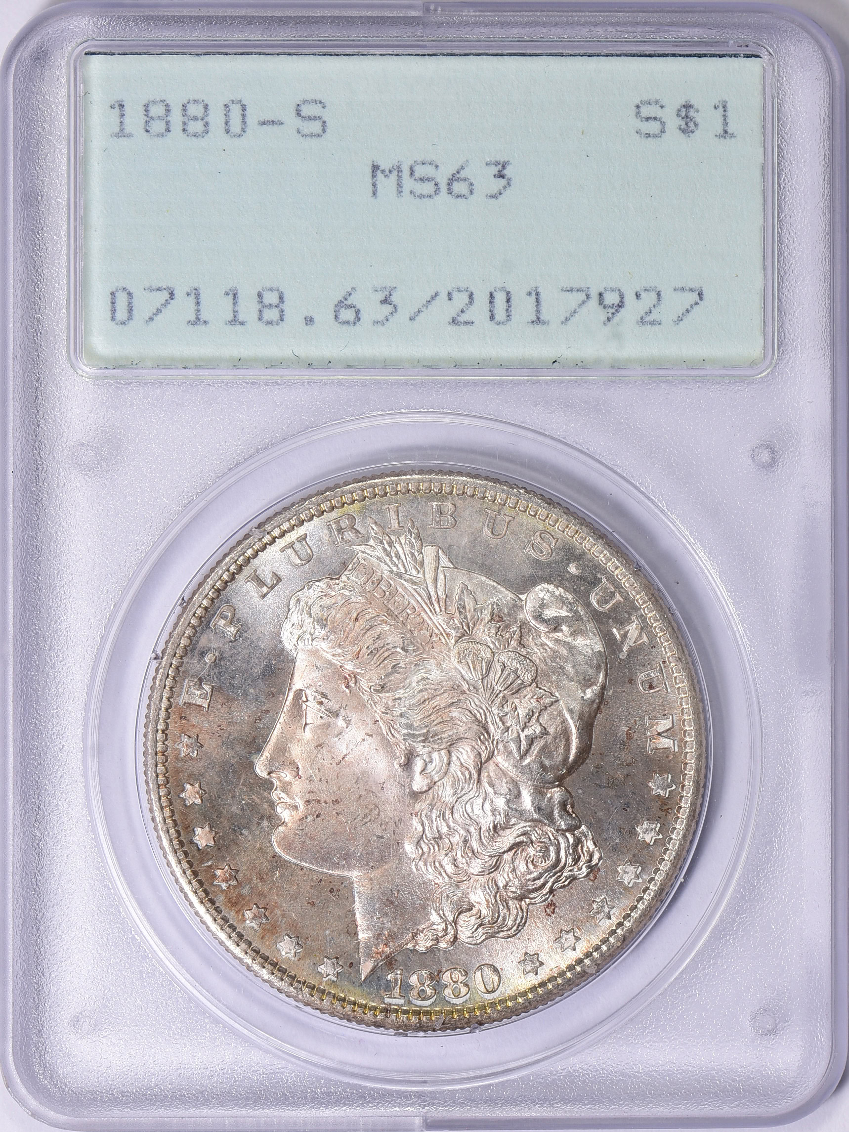1880-S Morgan Silver Dollar PCGS MS-63 OGH (1st Gen) (Toned) (Item 1638472) | GreatCollections ...