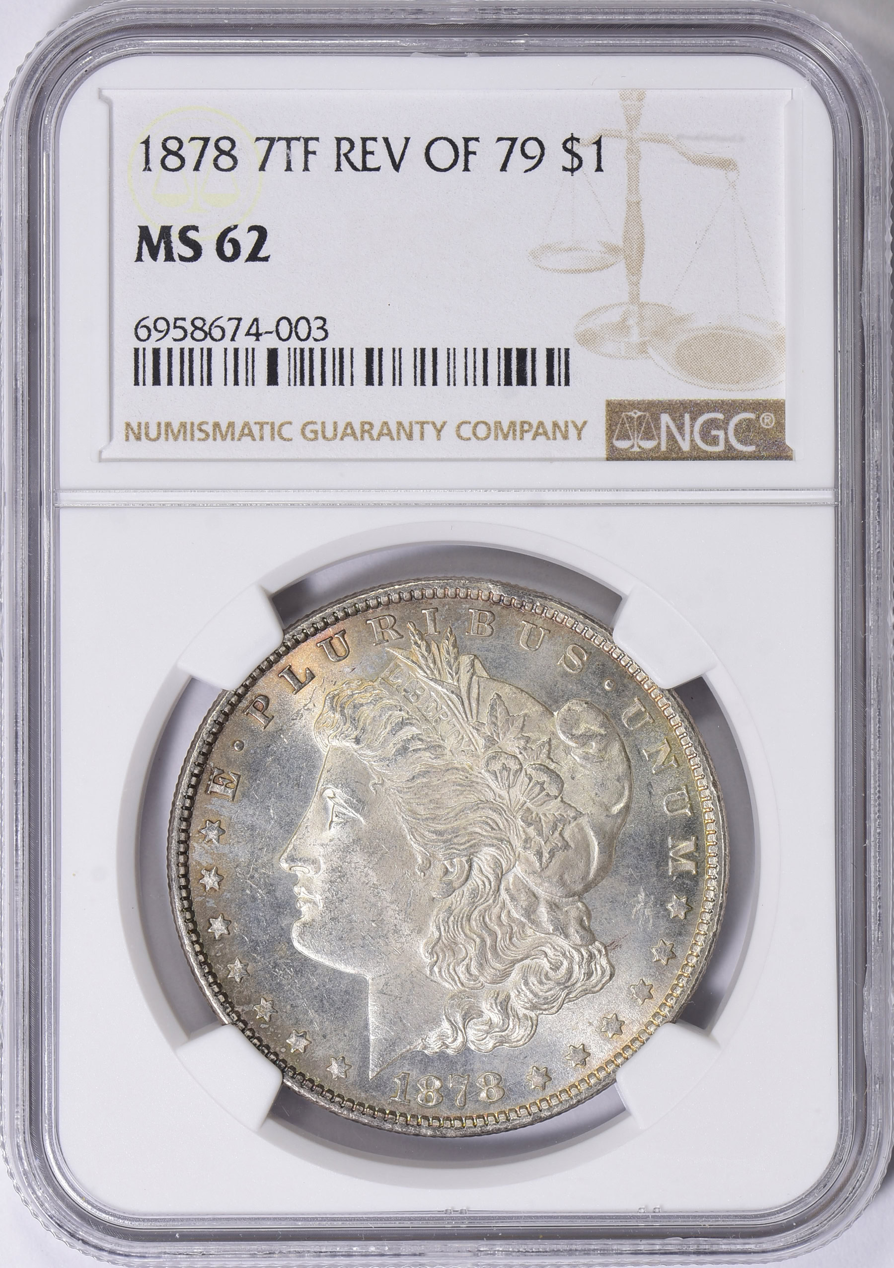 1878 Morgan Silver Dollar 7 Tailfeathers, Reverse of 1879 NGC MS-62 (Toned) (Item 1638626 ...