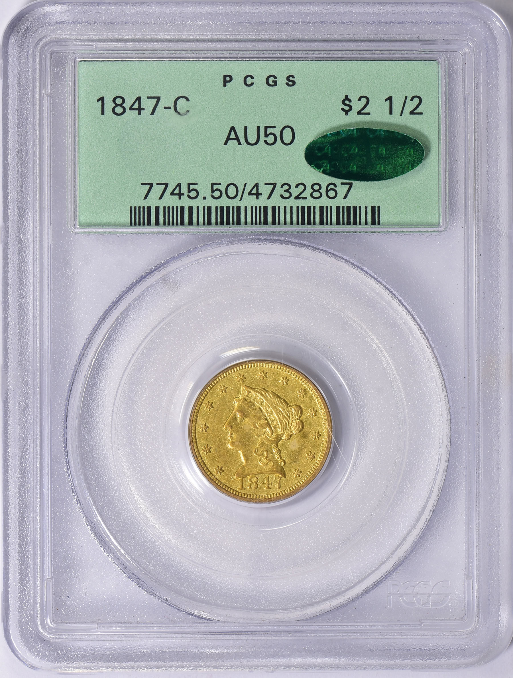 1847-C Liberty Gold Quarter Eagle PCGS AU-50 (CAC Green) OGH (Item 1638672) | GreatCollections ...